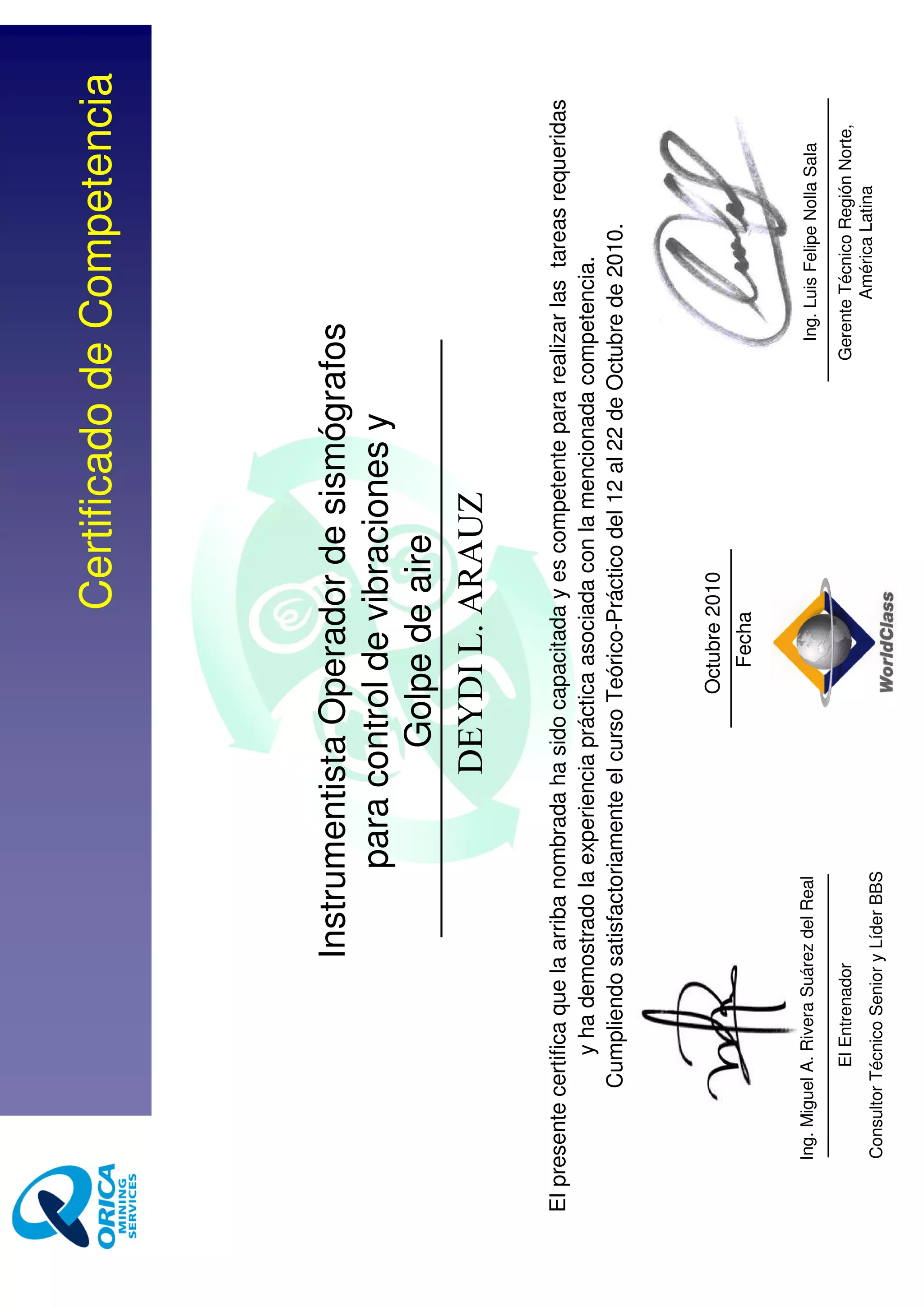 Competence Certificate_Deydi Arauz_Orica Mining Services | PDF