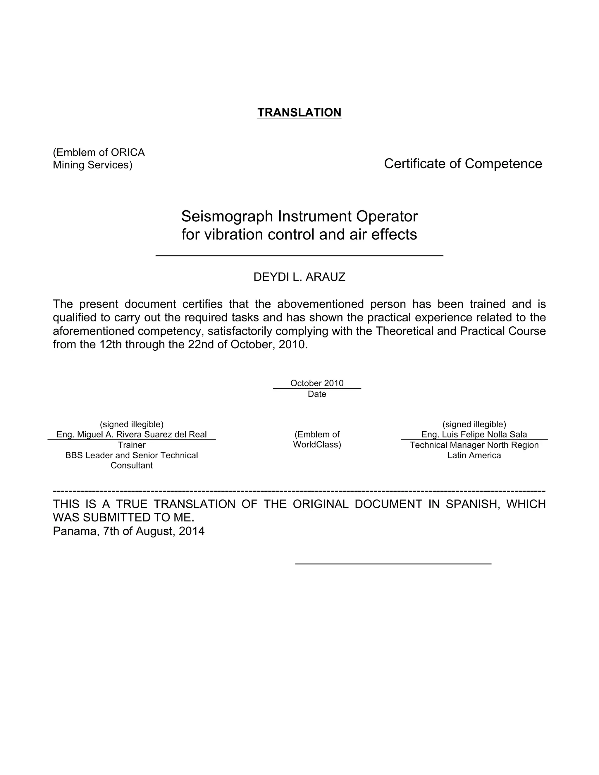 Competence Certificate_Deydi Arauz_Orica Mining Services | PDF