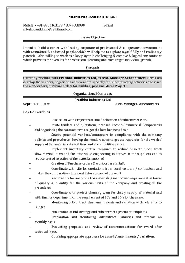 Resume - Nilesh | DOC | Civil Engineering Industry | Industries