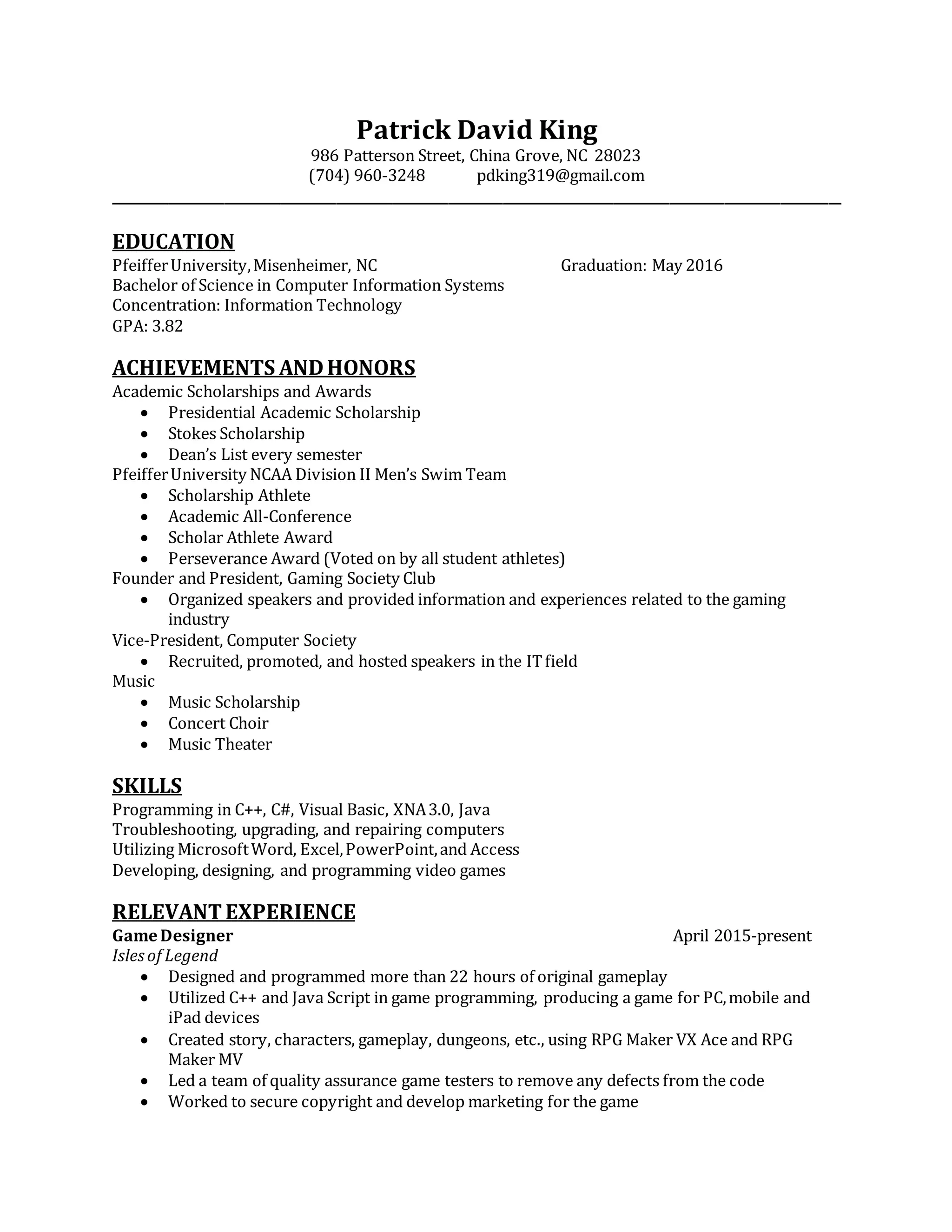 Patrick David King Resume | DOCX
