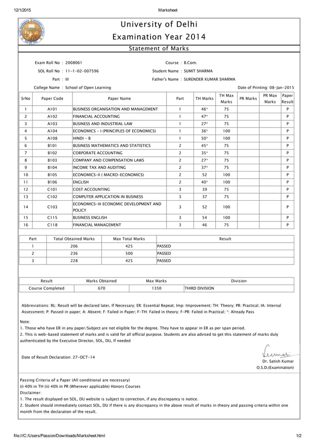 Marksheet | PDF