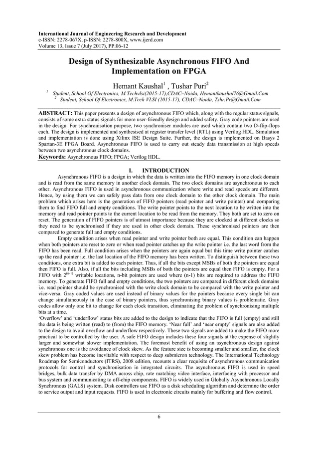 Design Of Synthesizable Asynchronous Fifo And Implementation On Fpga Pdf