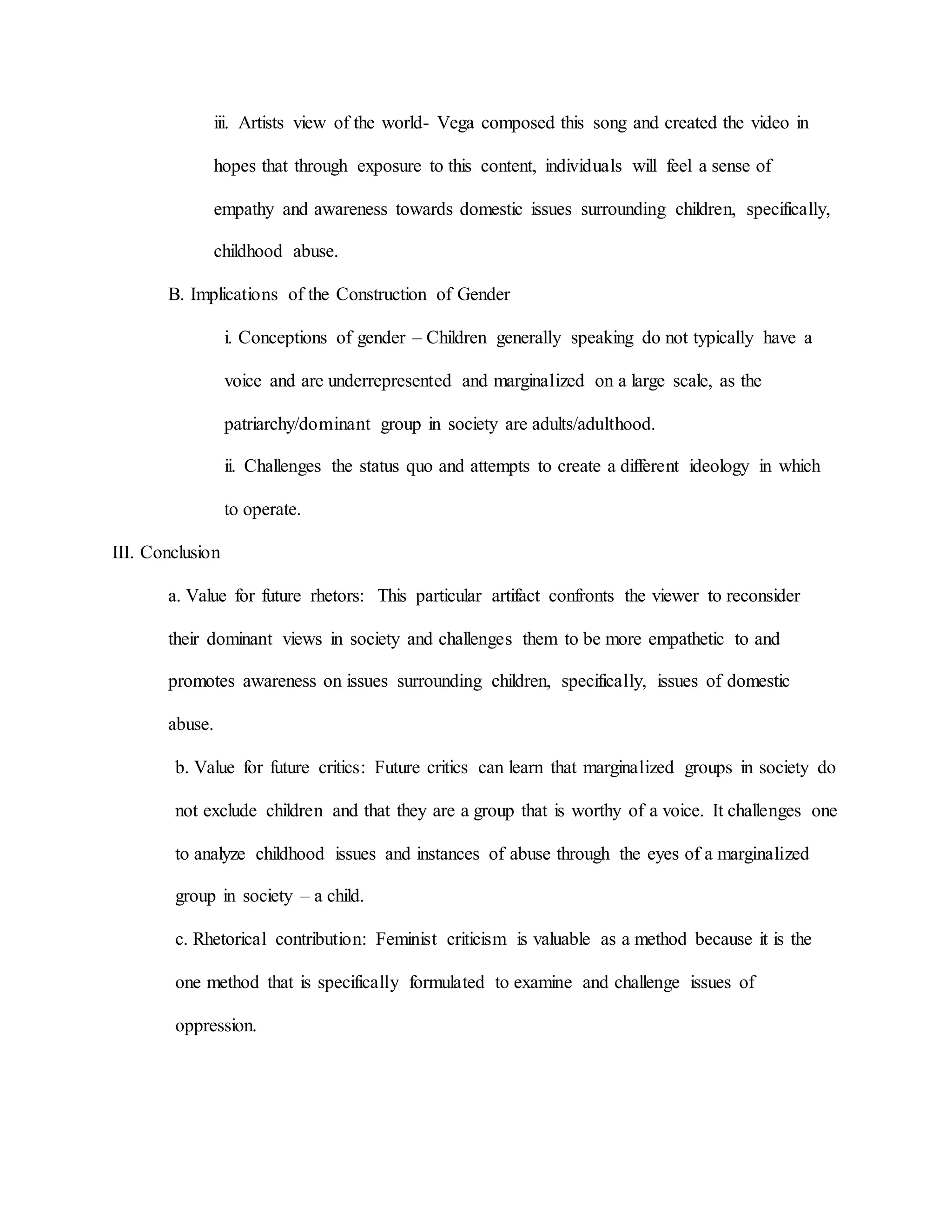 Rhetorical Analysis. Feminist Criticism of Suzanne Vega's Luka | DOCX