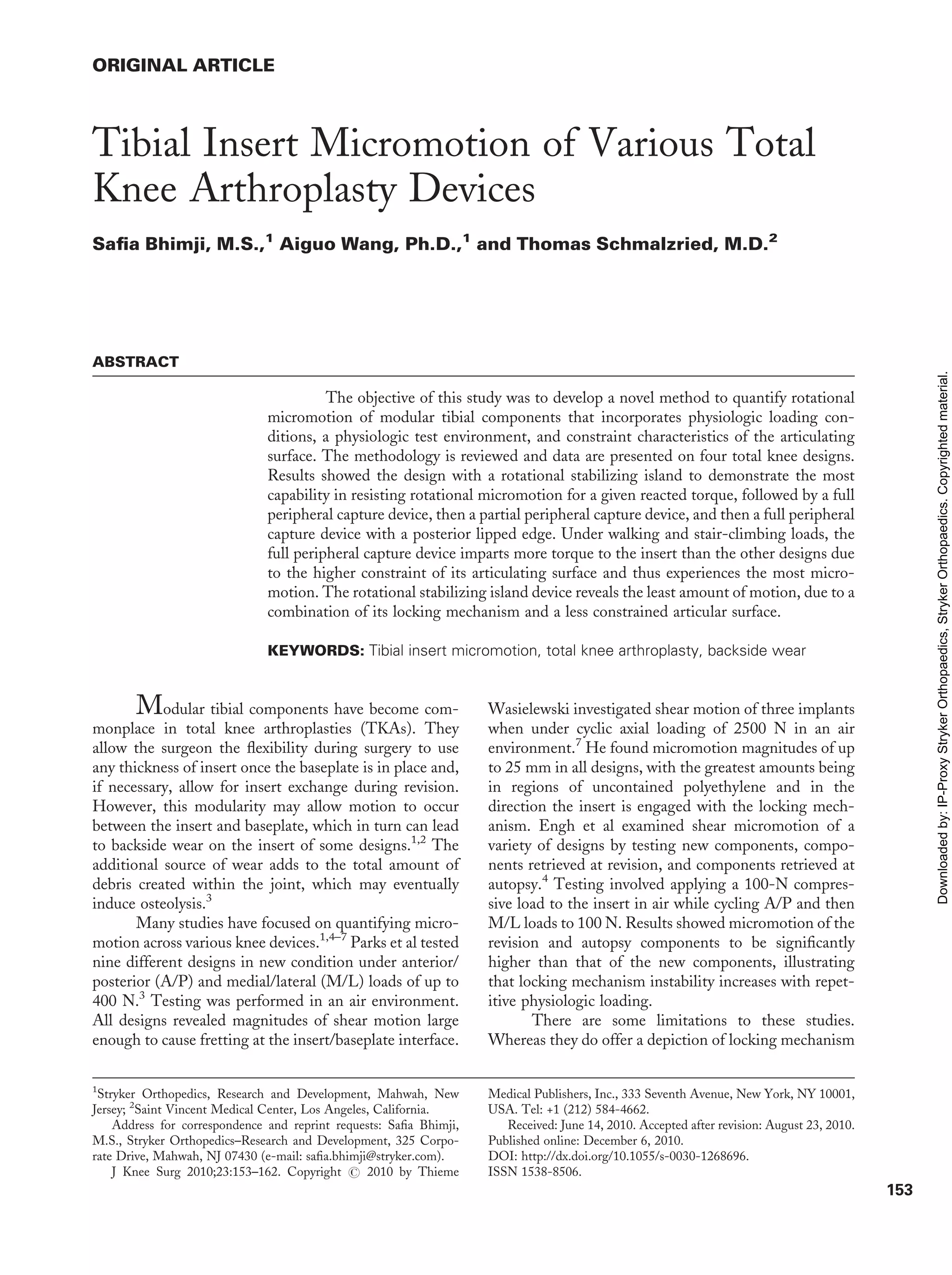 Tibial Insert Micromotion of Various Knee Devices-J of Knee surgery ...