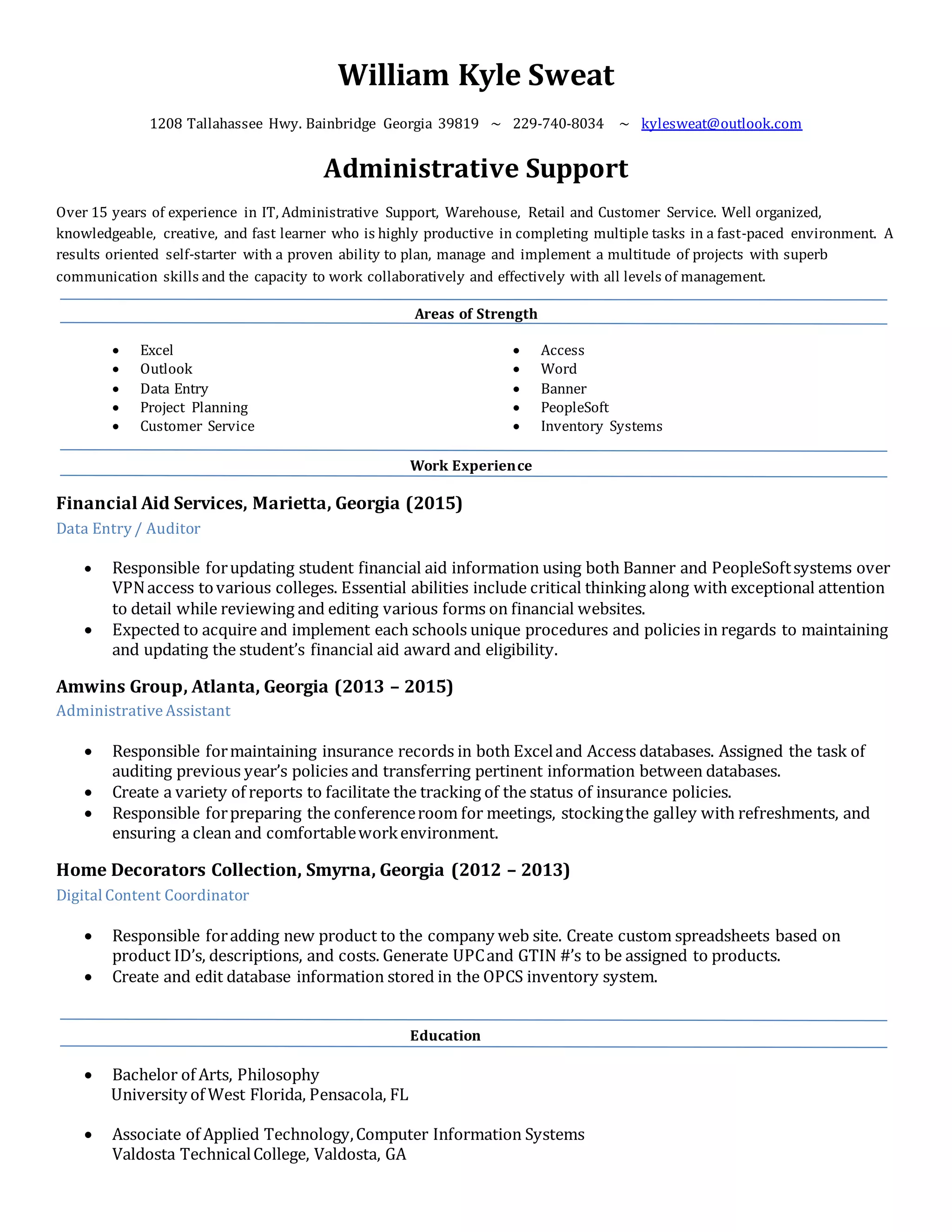 William Kyle Sweat Admin Resume 2015 | DOCX