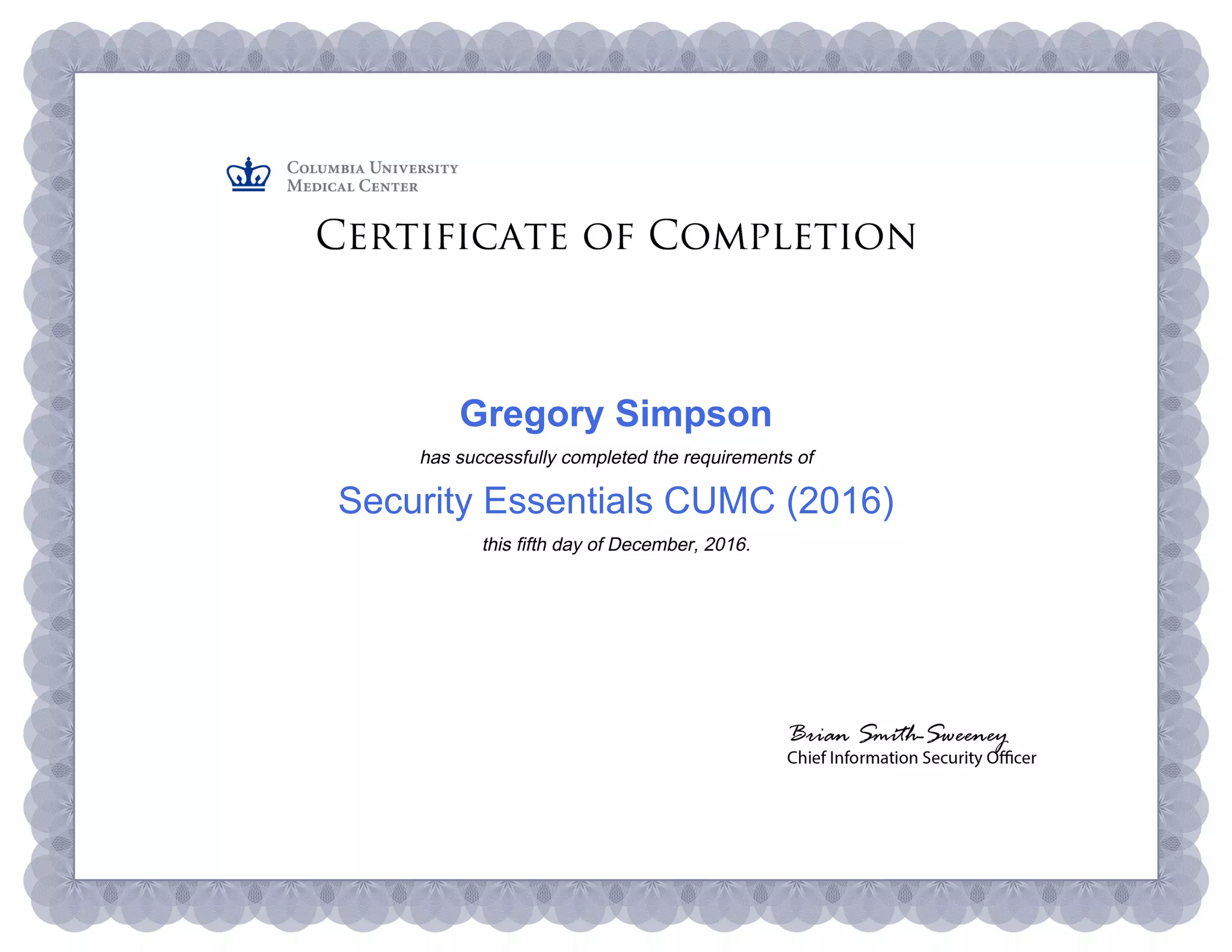 GregorySimpsonSecurity Essentials CUMC (2016)TrainingCertificate | PPT