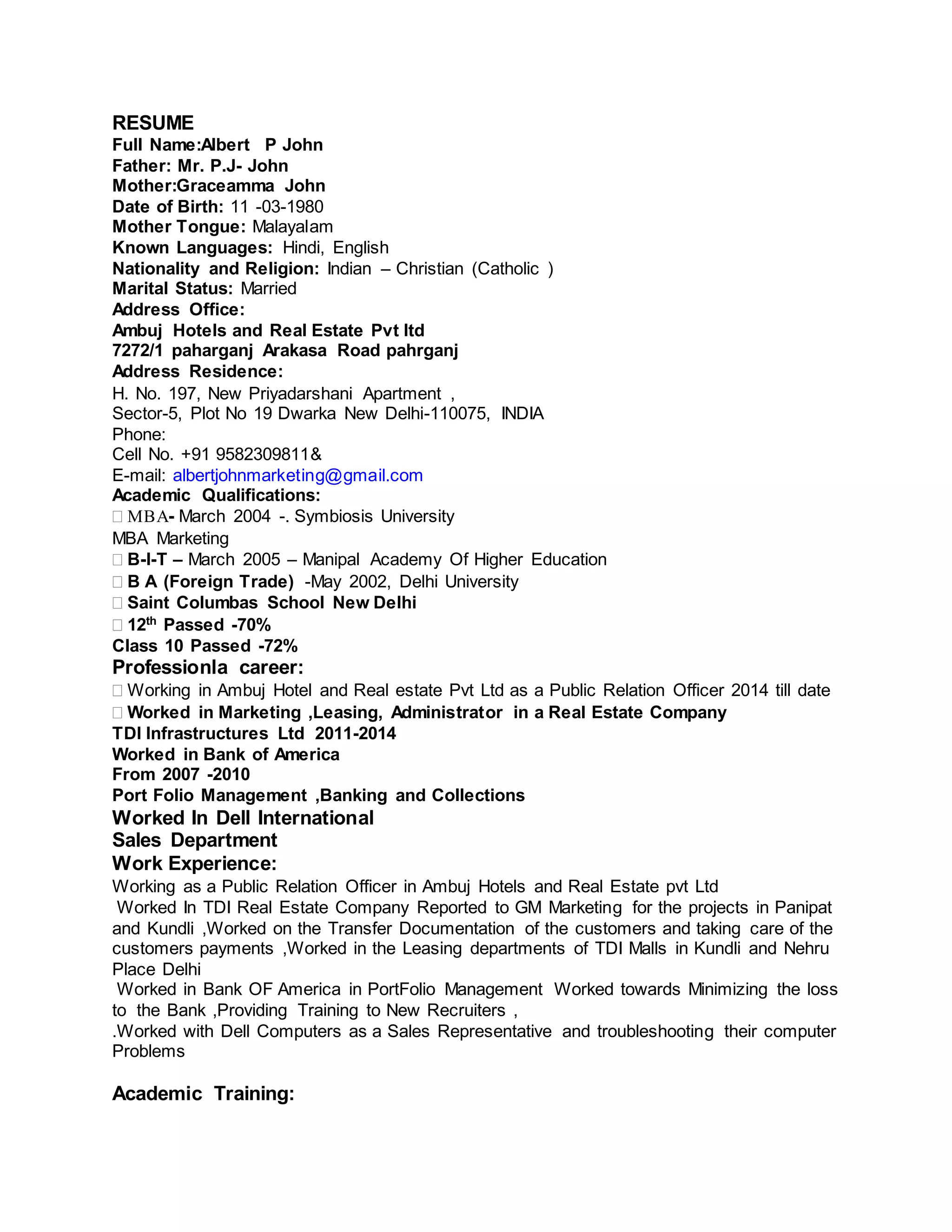 RESUME albert john ambuj Hotel and real estate pvt ltd a railway ...