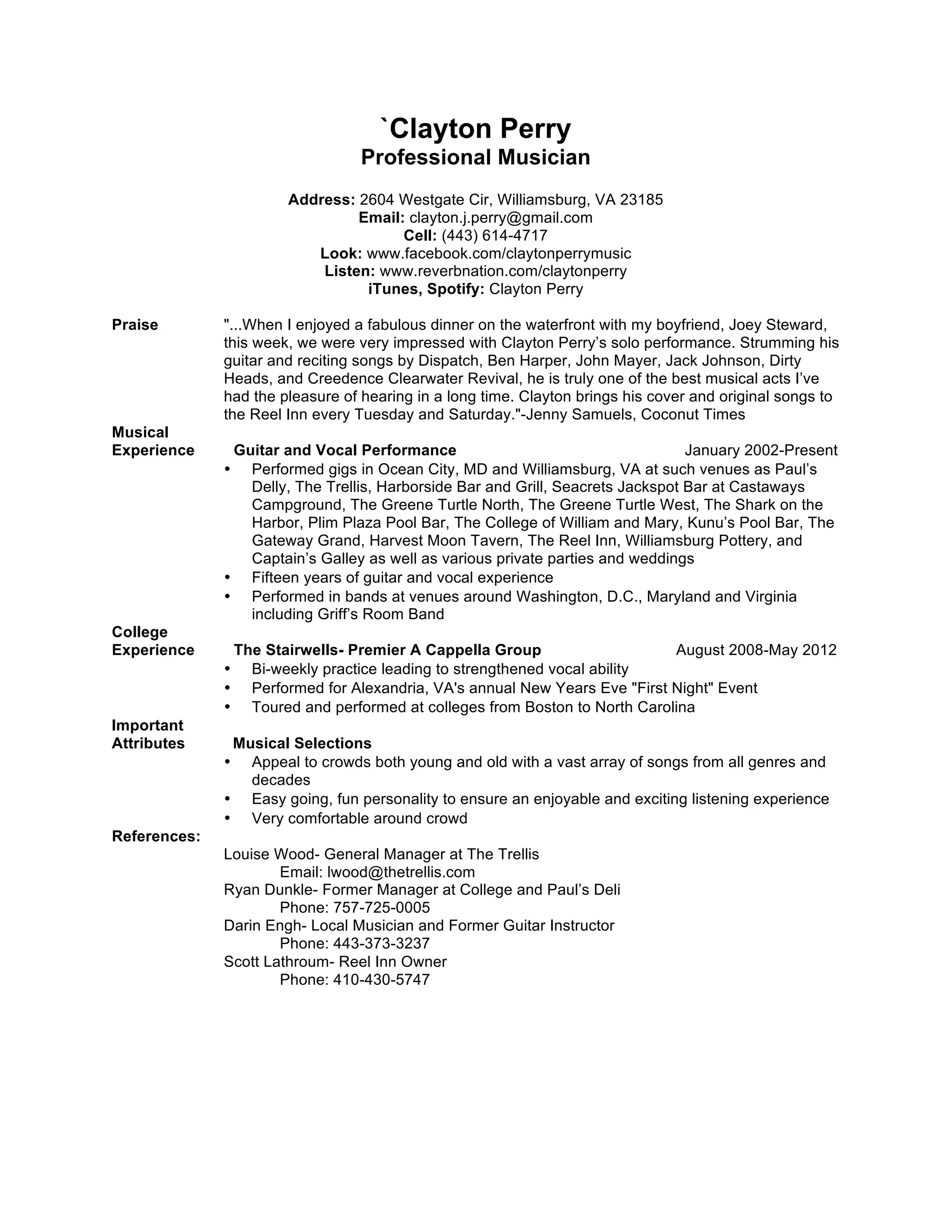 Clayton Perry Music Resume 6-16 | PDF