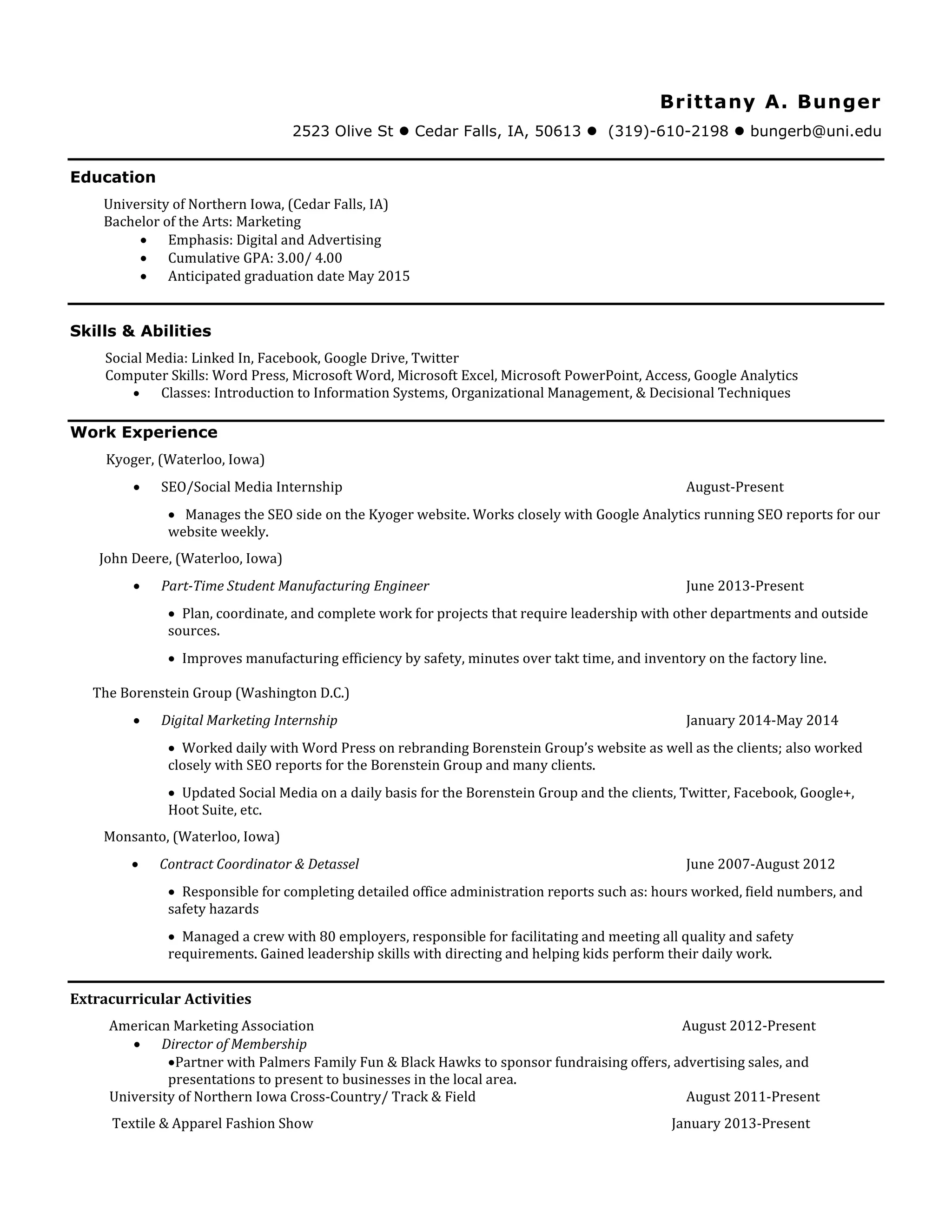 Brittany A Bunger Resume | PDF