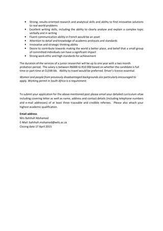 CLEAR Junior Researcher job advert-final | PDF | Postgraduate Education | College Education