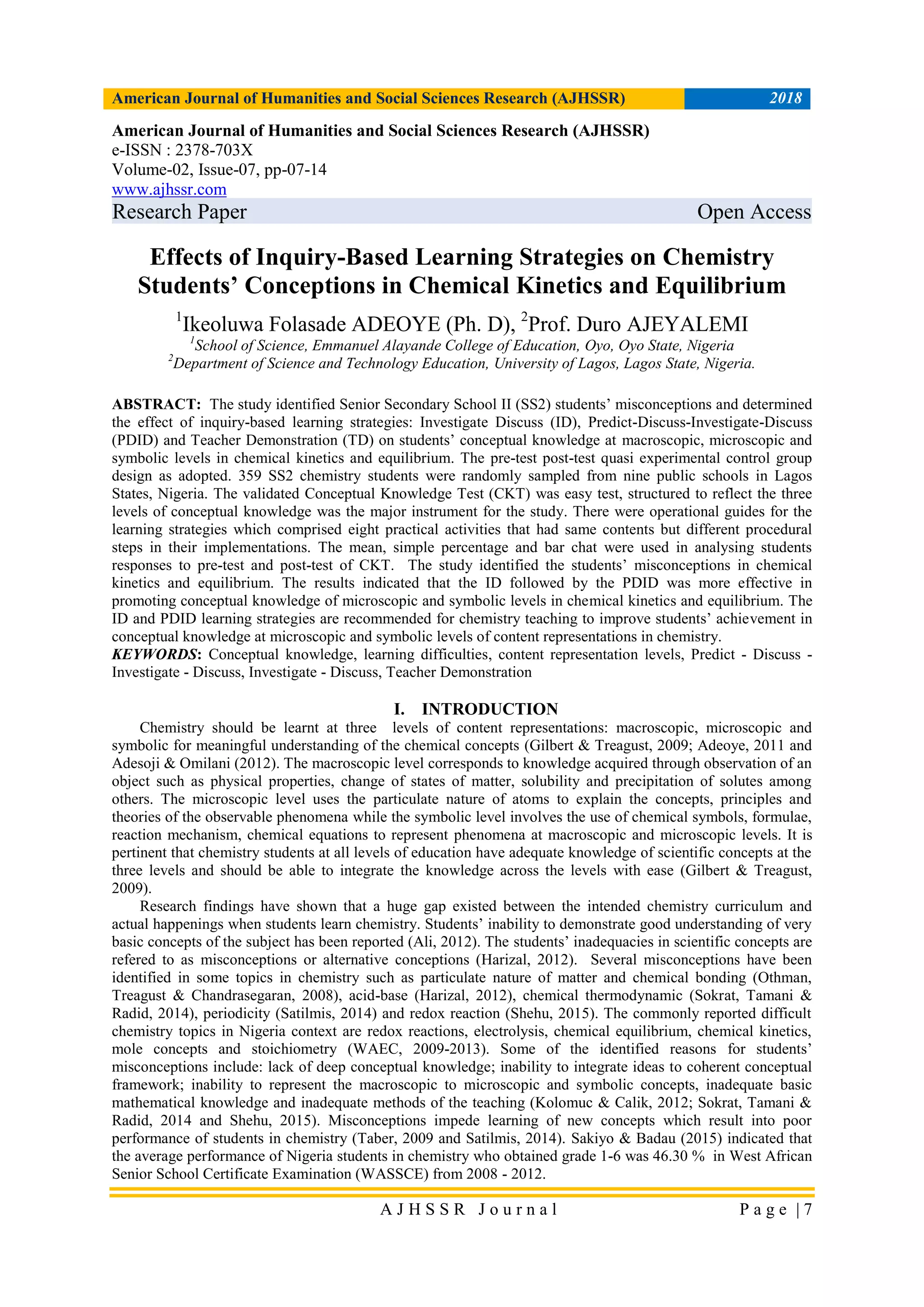 Effects of Inquiry-Based Learning Strategies on Chemistry Students’ Conceptions In Chemical ...