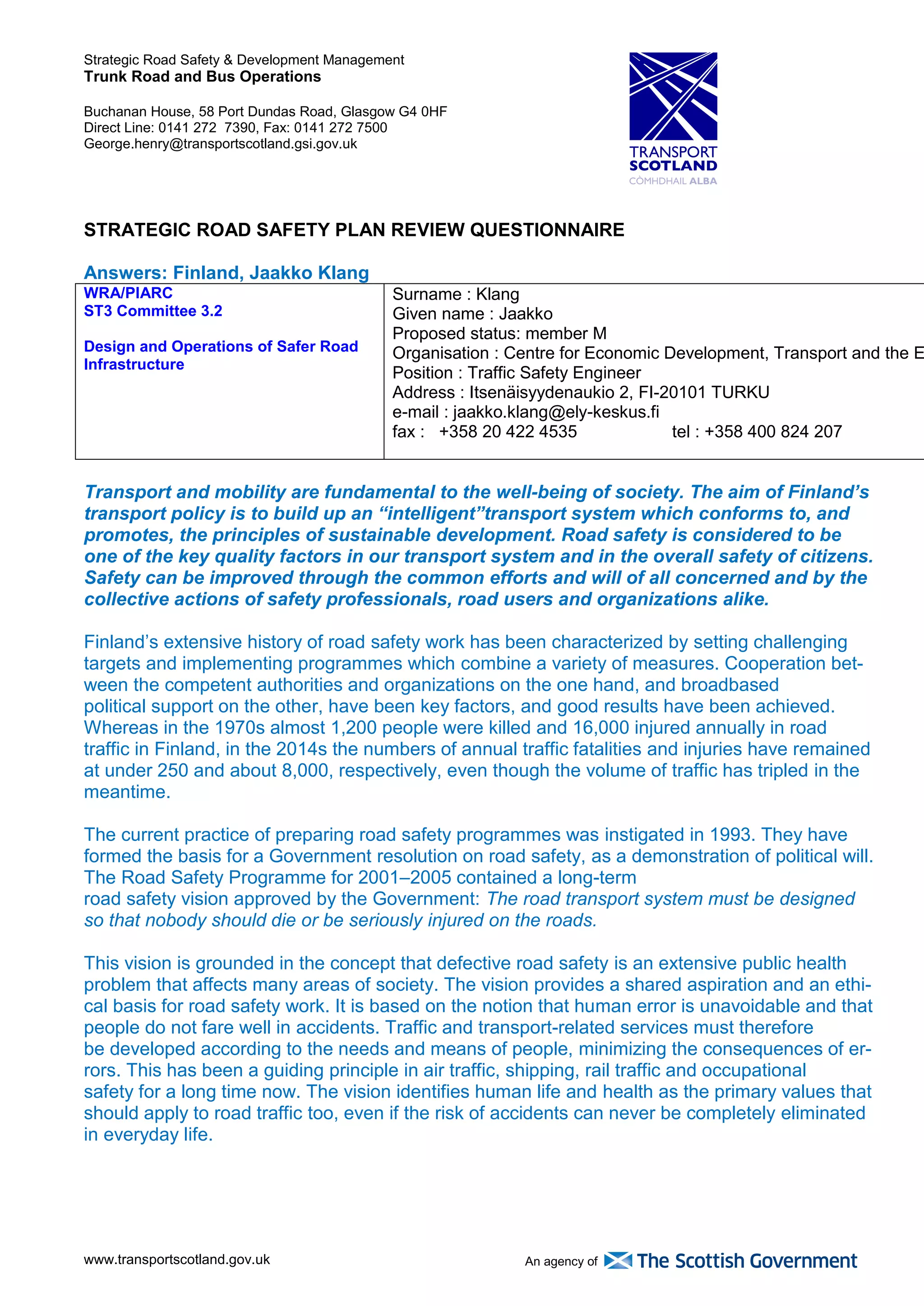 Strategic Road Safety Plan Review - Questionnaire to WRA Members ...