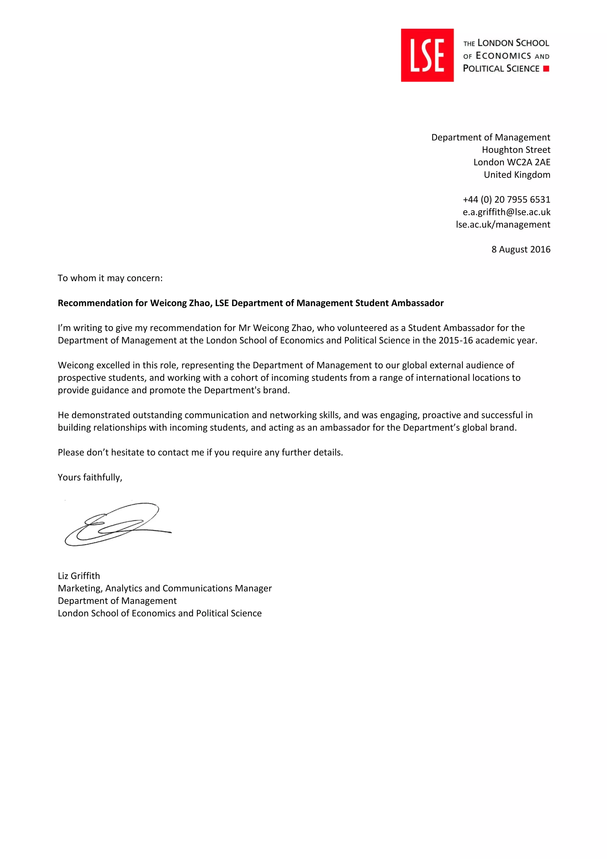 DoM Student Ambassador Recommendation Letter - Weicong Zhao | PDF