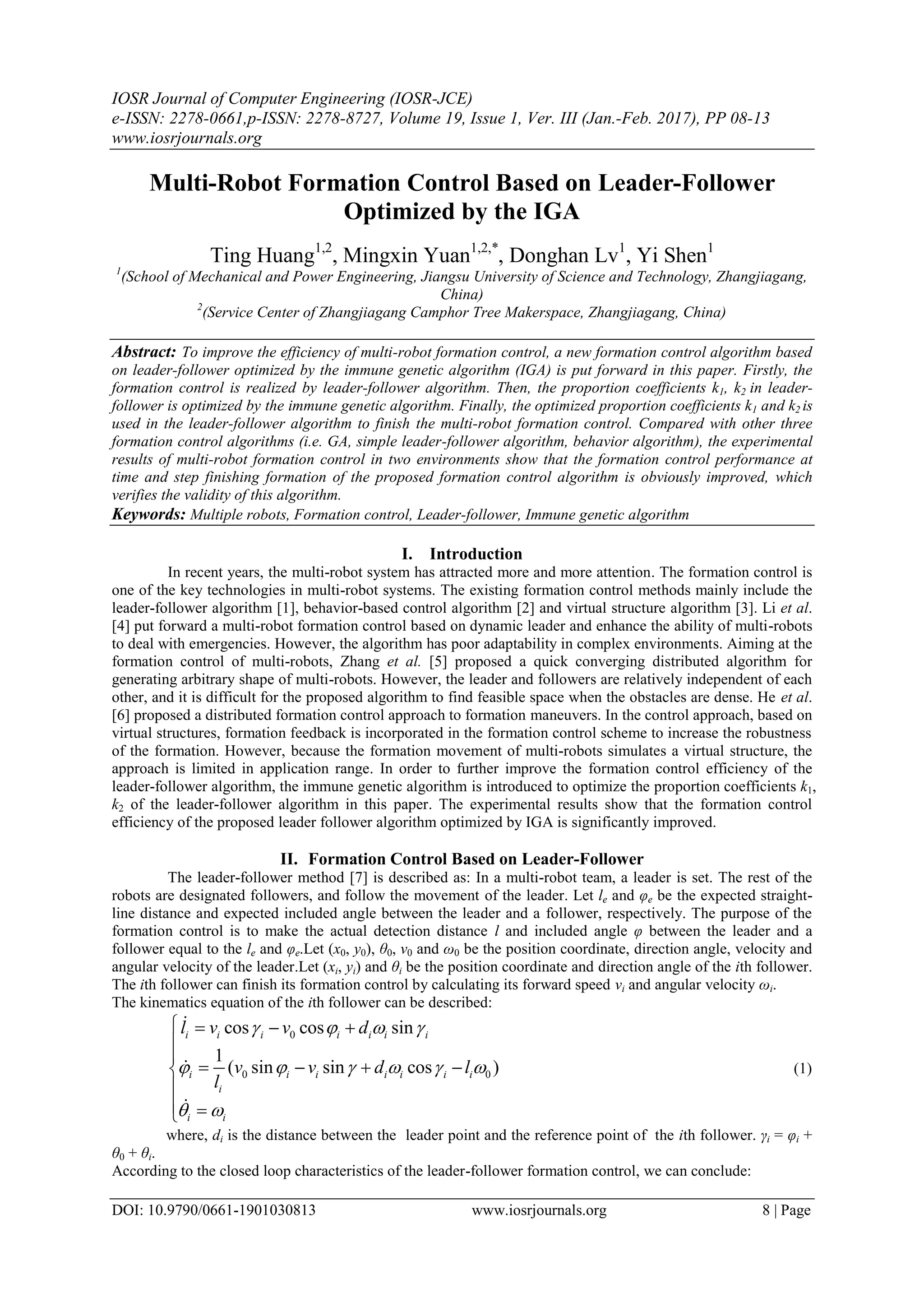 Multi-Robot Formation Control Based on Leader-Follower Optimized by the IGA | PDF