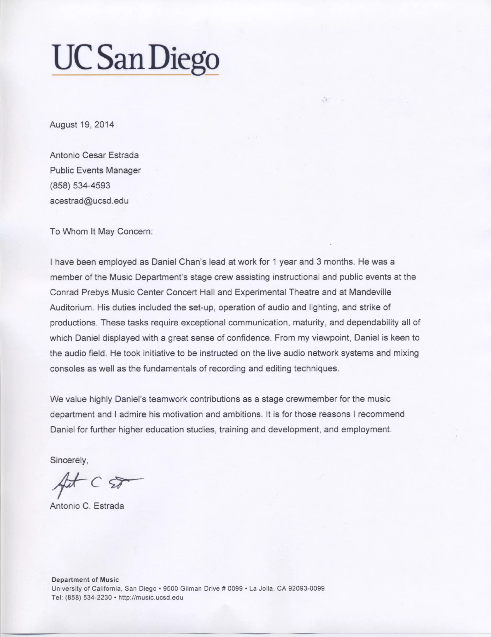 Letter of Recommendation Antonio Estrada | PDF