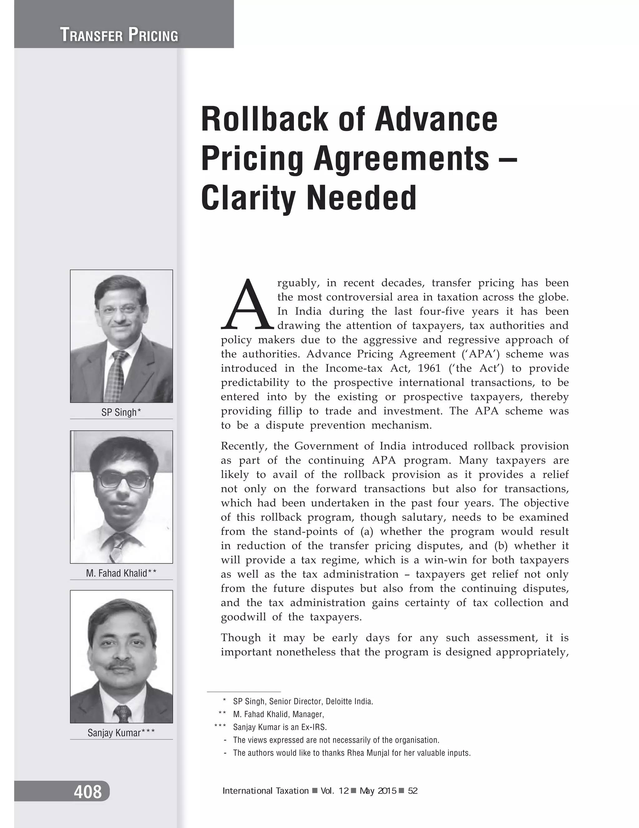 Rollback of Advance Pricing Agreement - Clarity Needed | PDF