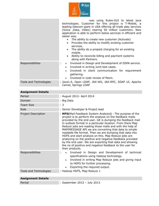 Pankaj Resume for Hadoop,Java,J2EE - Outside World | DOC