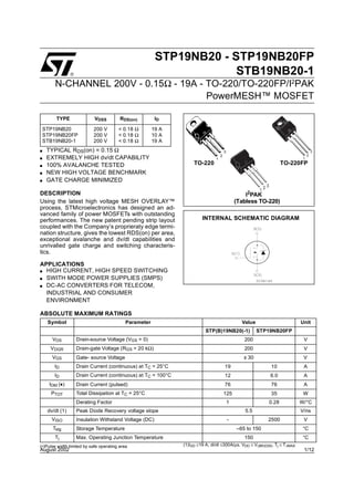 Original N-Channel Mosfet B19NB20 STB19NB20 19NB20 200V 19A TO-252 New STMicroelectronics | PDF