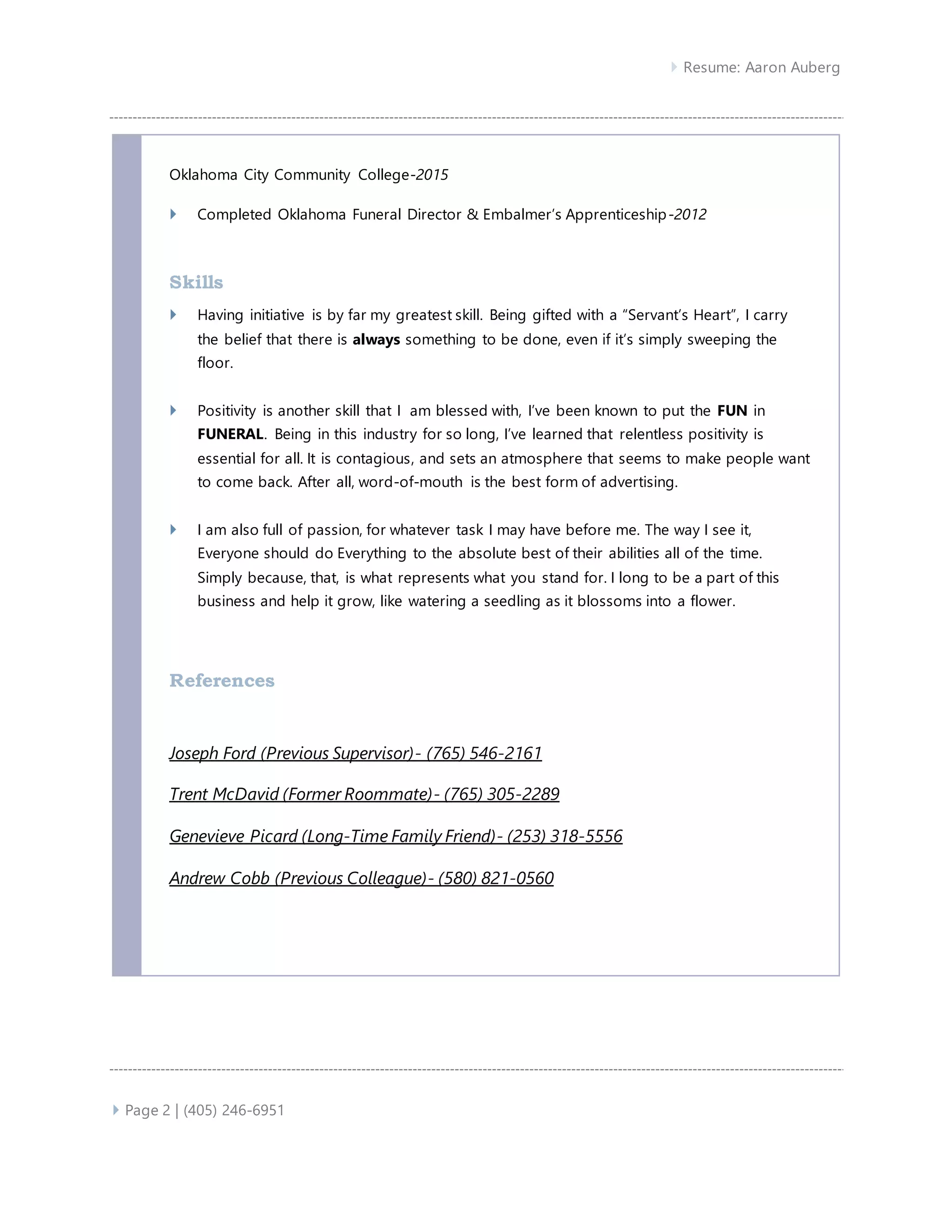 Aaron Auberg funeral resume | DOCX
