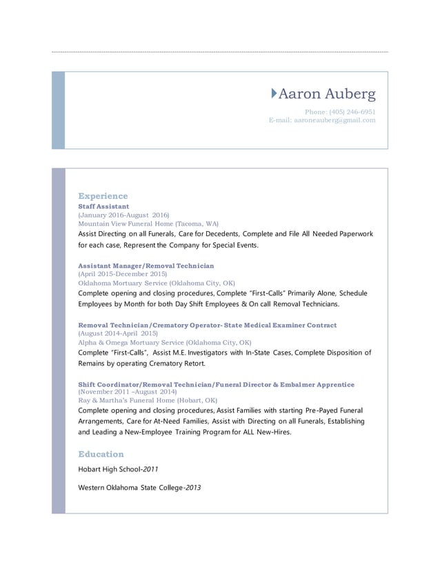 Aaron Auberg funeral resume | DOCX