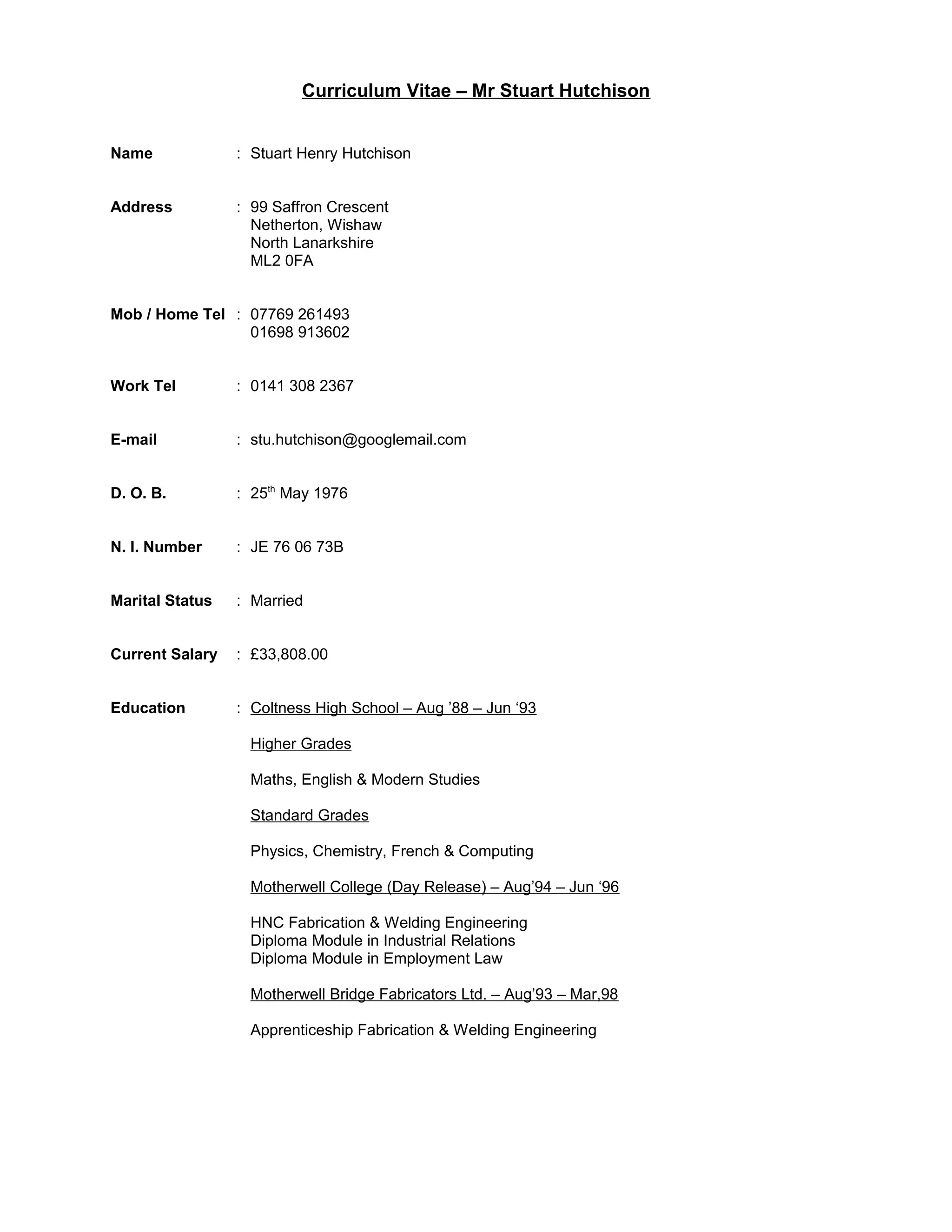 CV Stuart Hutchison | DOC | Civil Engineering Industry | Industries