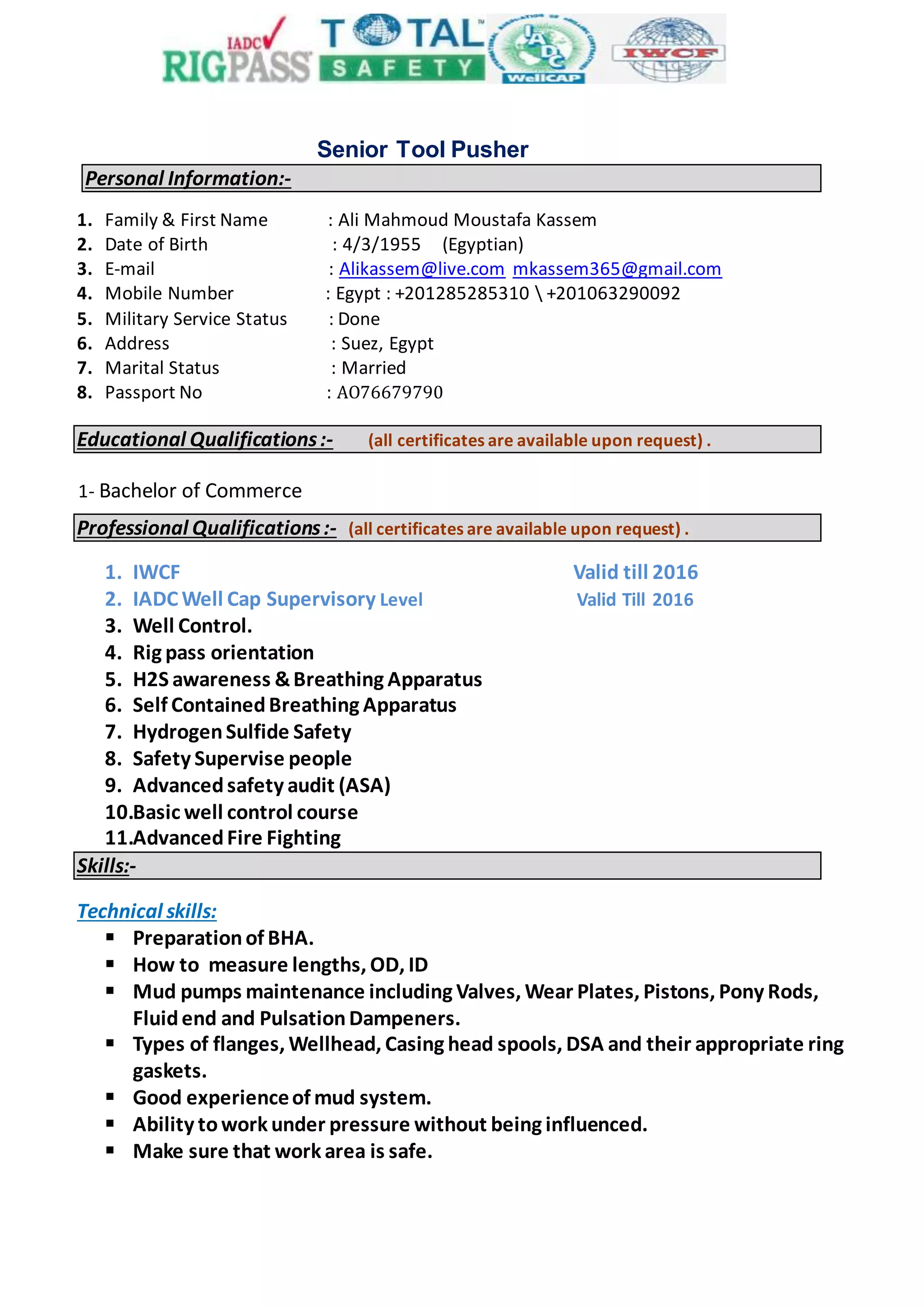 Ali kassem -Toolpusher ON Shore | PDF