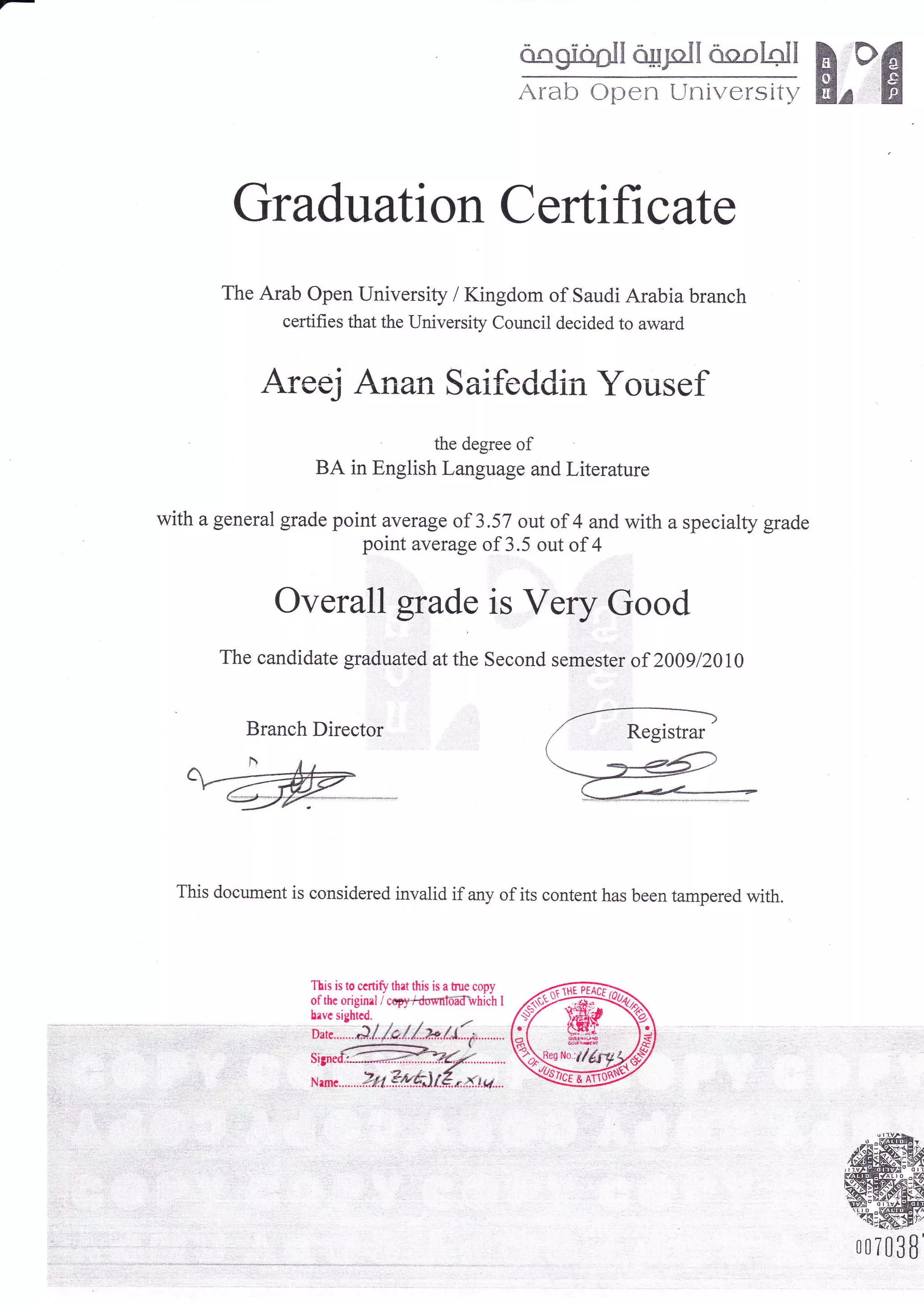 AOU Graduation Certificate | PDF