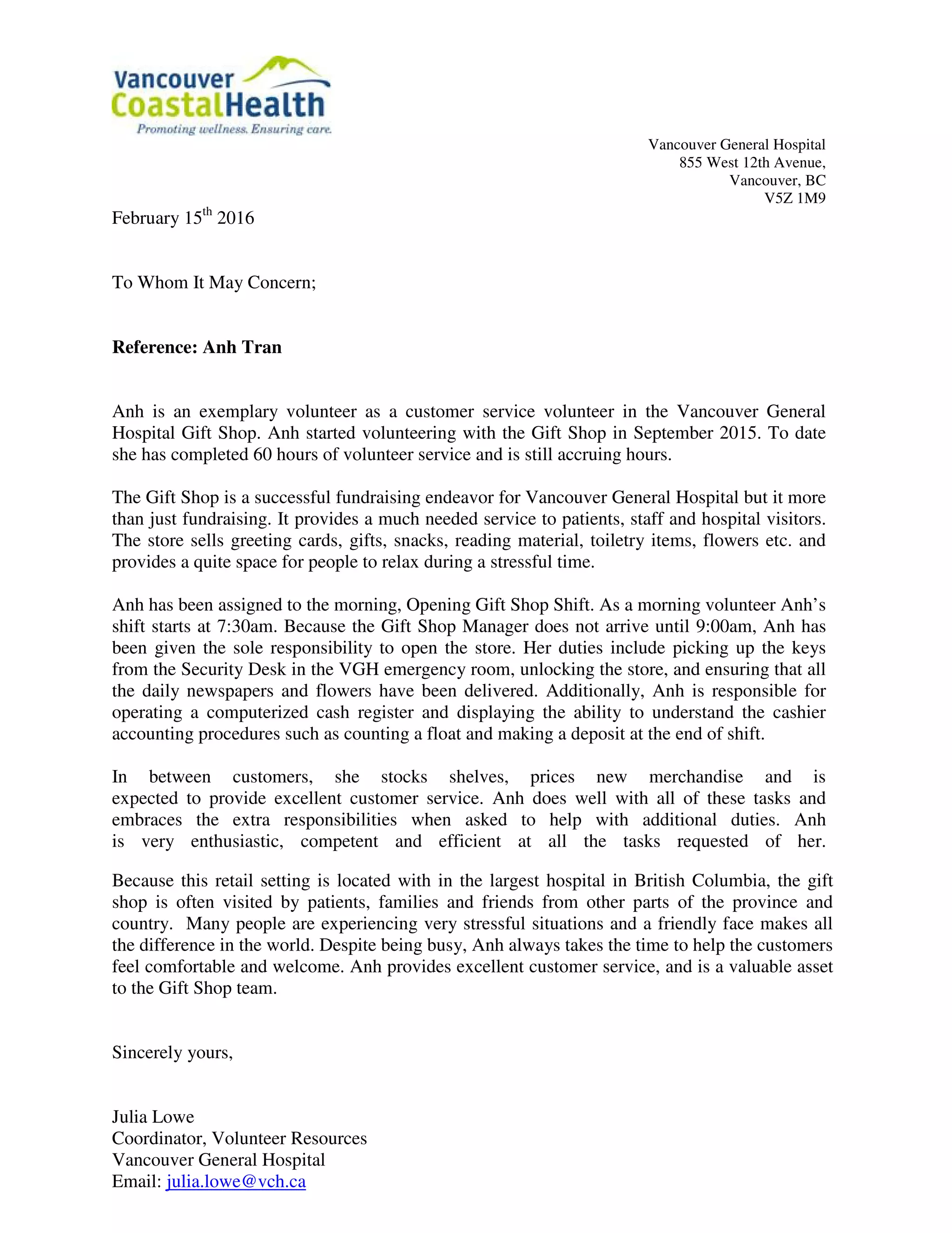 Tran, Anh - Reference Letter - VGH Gift Shop | PDF