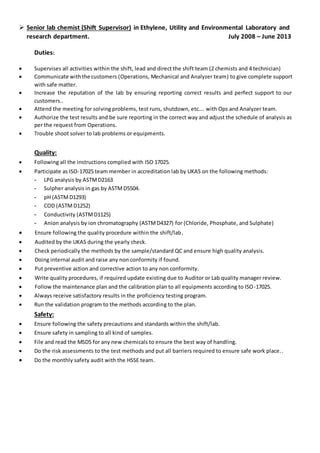 Jop description for Senior lab chemist ( shift leader) | DOCX