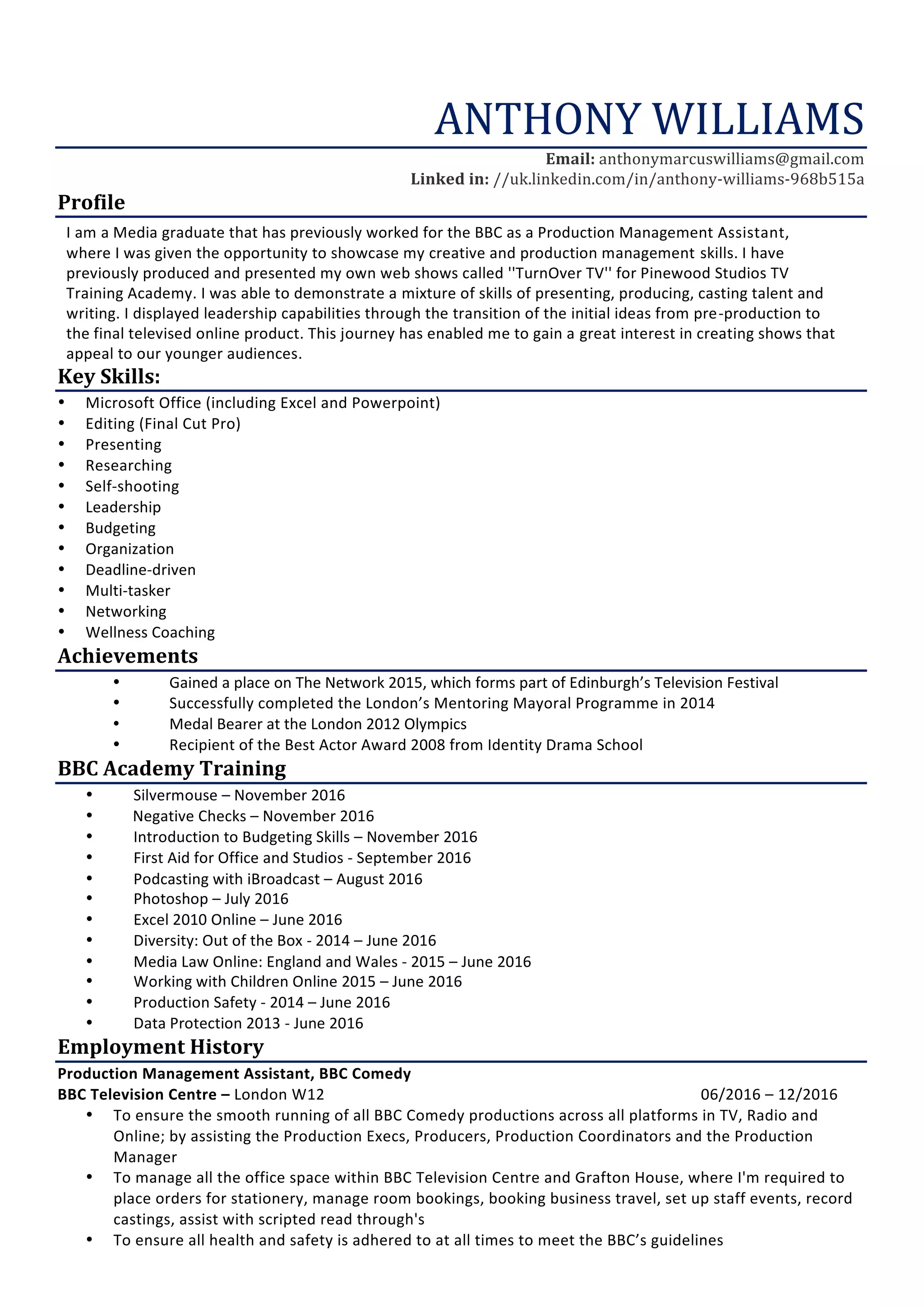 ANTHONY WILLIAMS CV - SEEKING MEDIA GRADUATE.pdf (1) | PDF