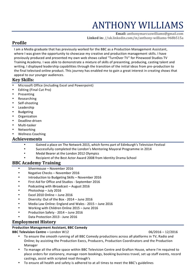 ANTHONY WILLIAMS CV - SEEKING MEDIA GRADUATE.pdf (1) | PDF