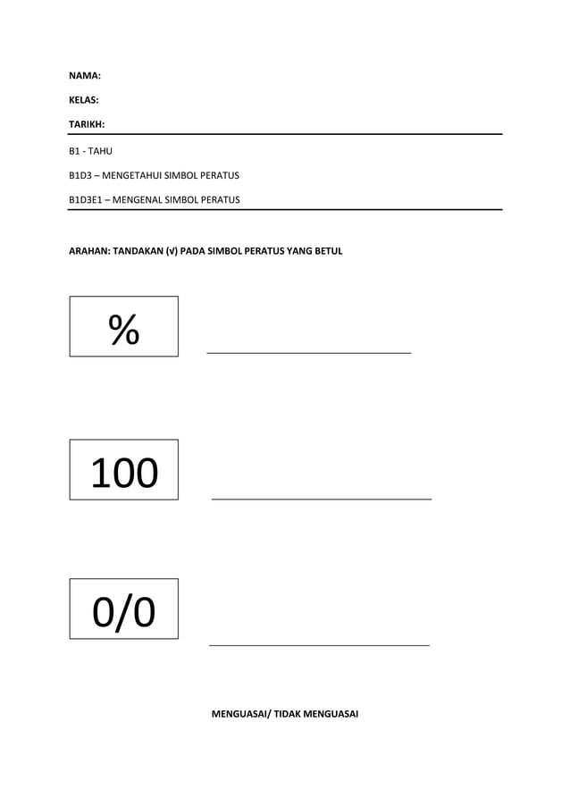 B1 d3e1 – mengenal simbol peratus tahun 3 | DOCX