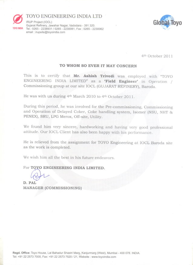 Toyo Experience Certificate | PDF