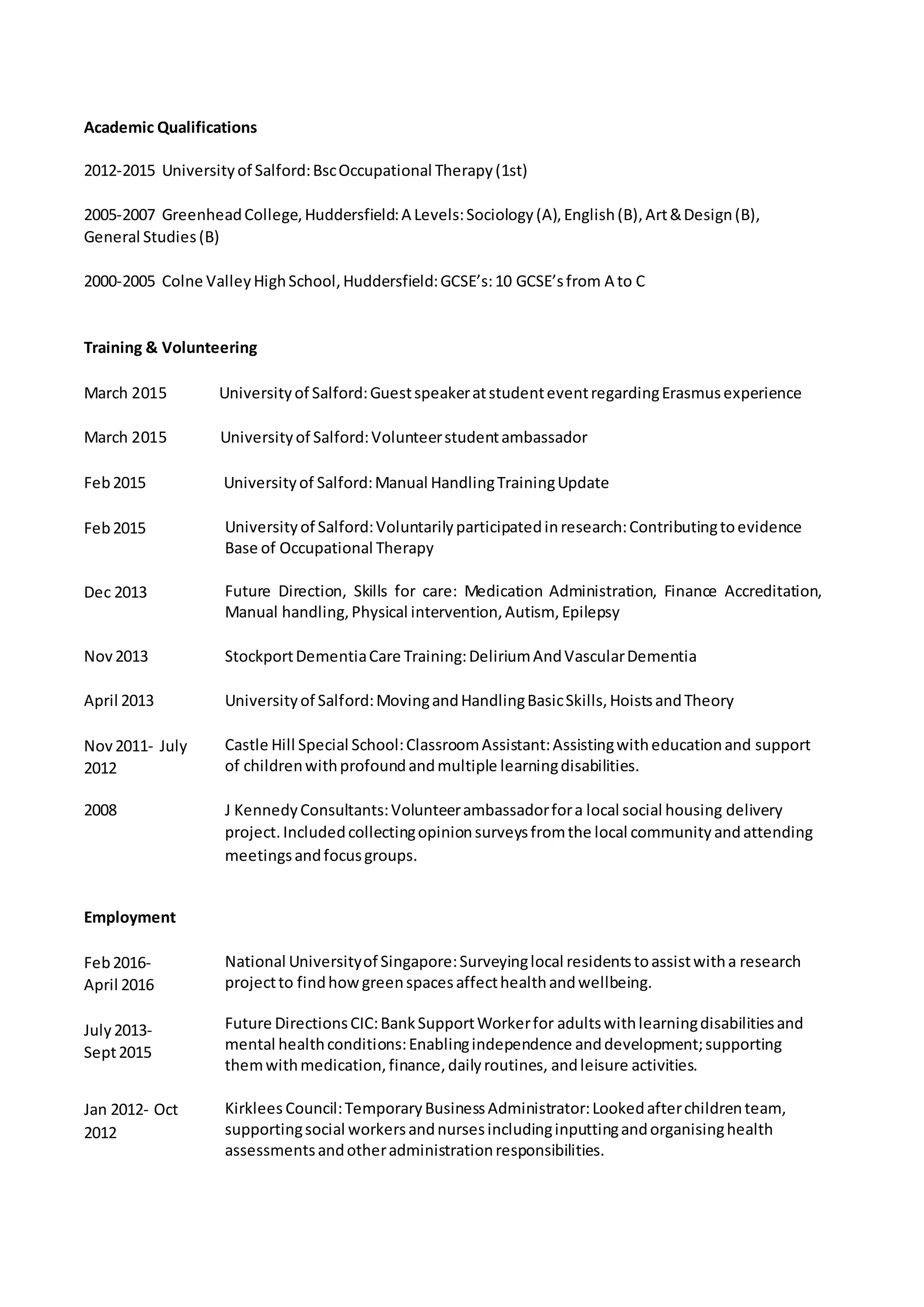 Eleanor Cowell OT CV | DOCX | Physical Therapy | Wellness