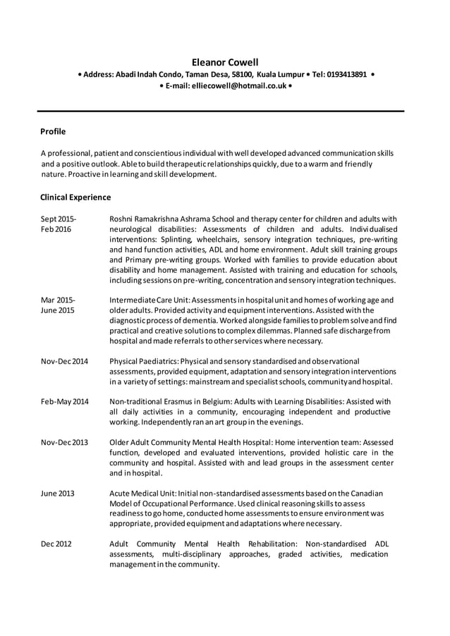 Eleanor Cowell OT CV | DOCX | Physical Therapy | Wellness