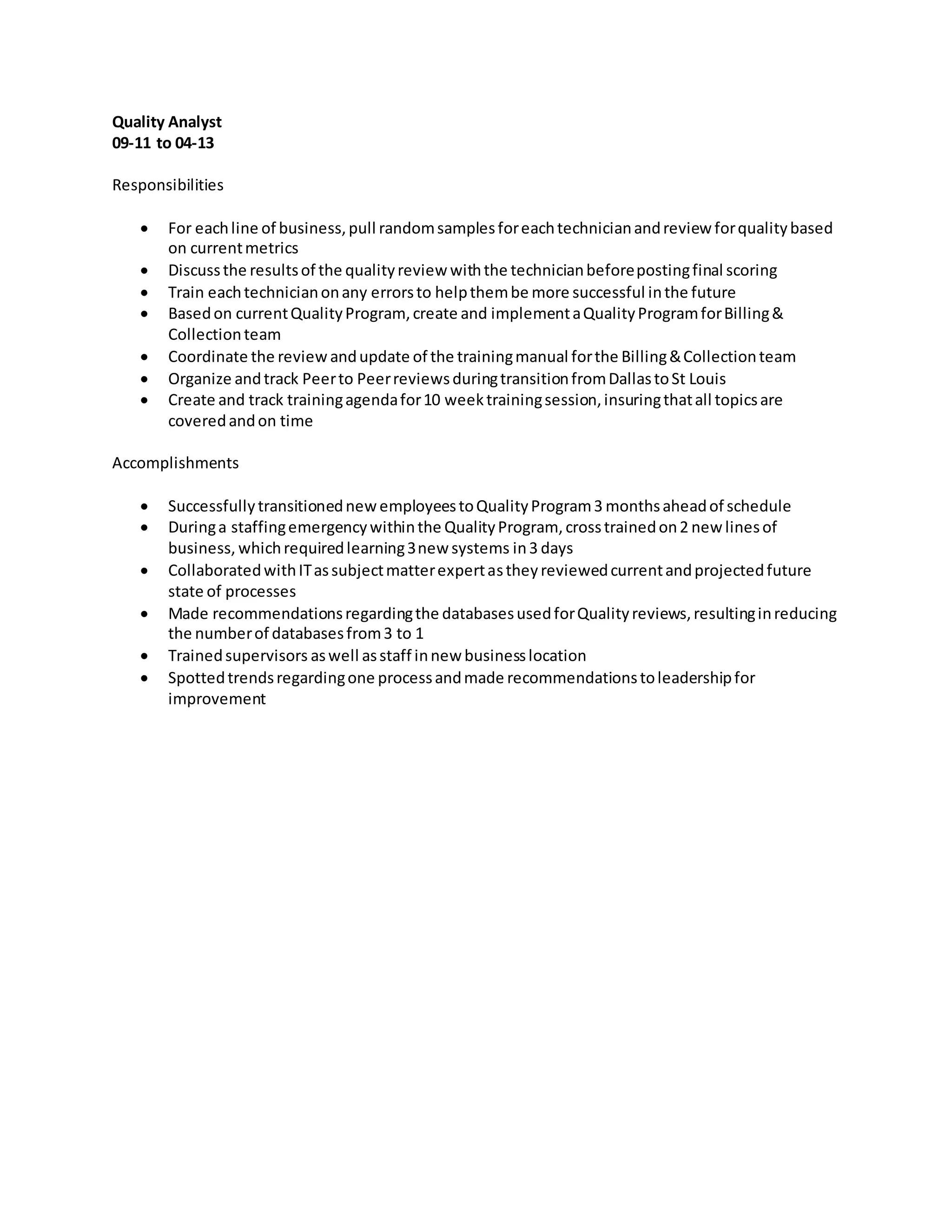 Responsibilities and Accomplishments - Quality Analyst | DOCX