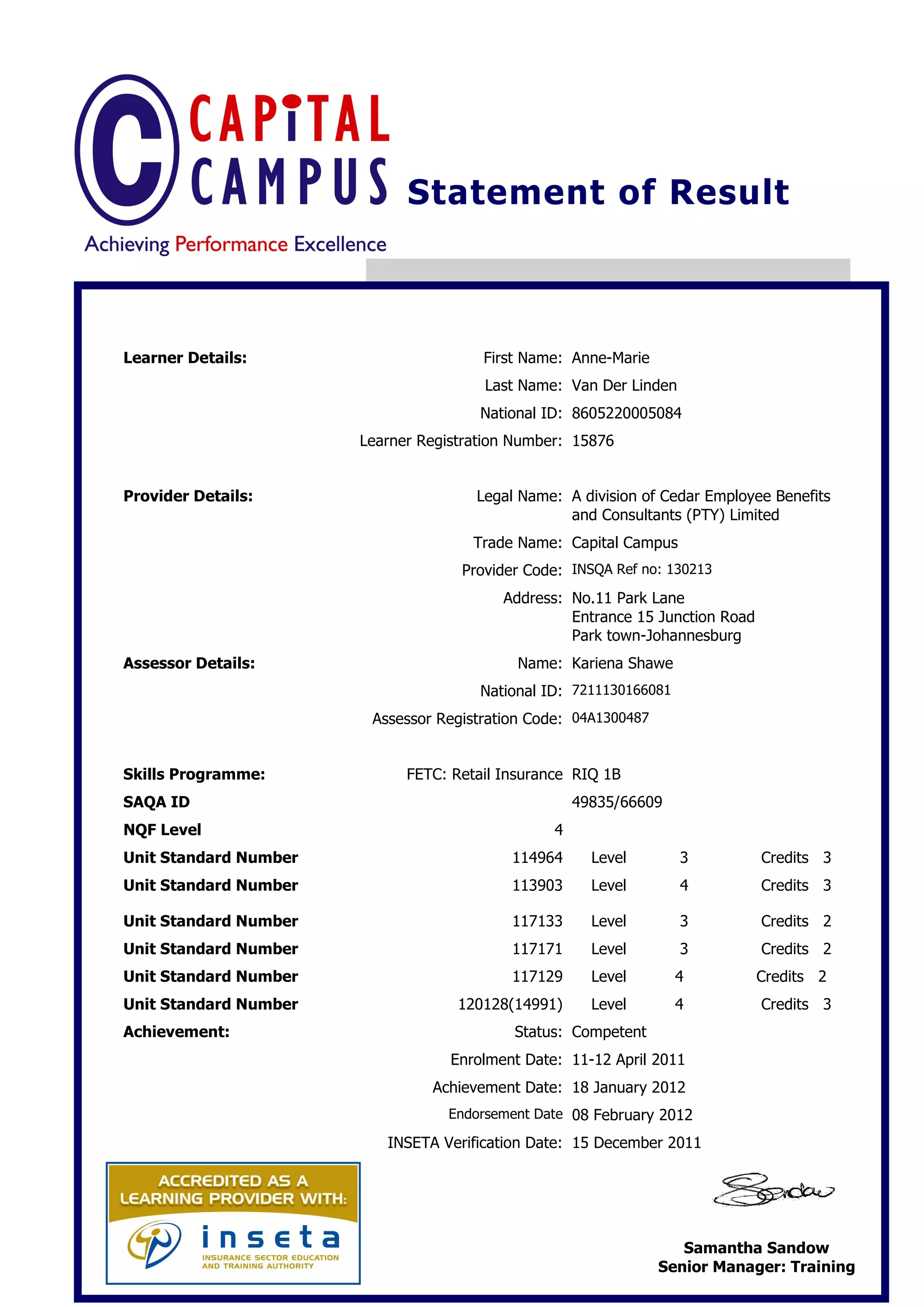 Anne-Marie Van Der Linden - RIQ1B STATEMENT OF RESULTS 2011 (2) | PDF