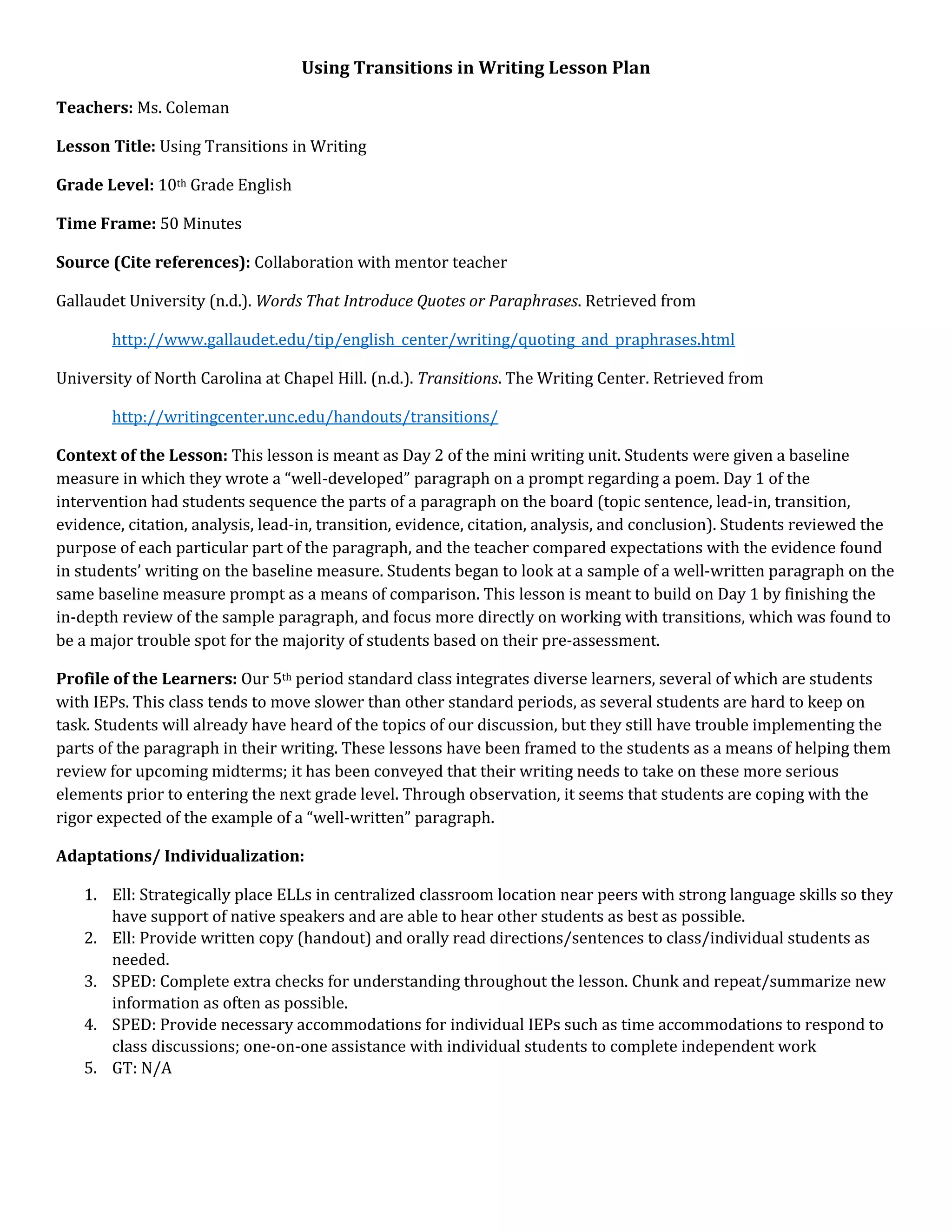 Coleman_Teaching Writing Sample Unit | PDF