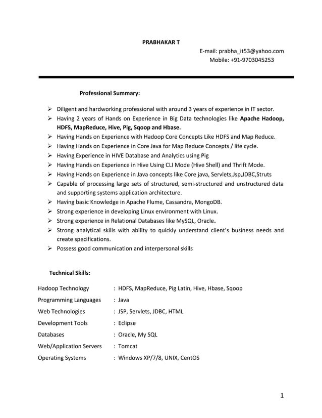 Prabhakar_Hadoop_2 years Experience | PDF