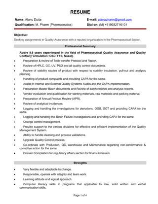 RESUME 1 | DOC | Pharmaceutical Industry | Industries