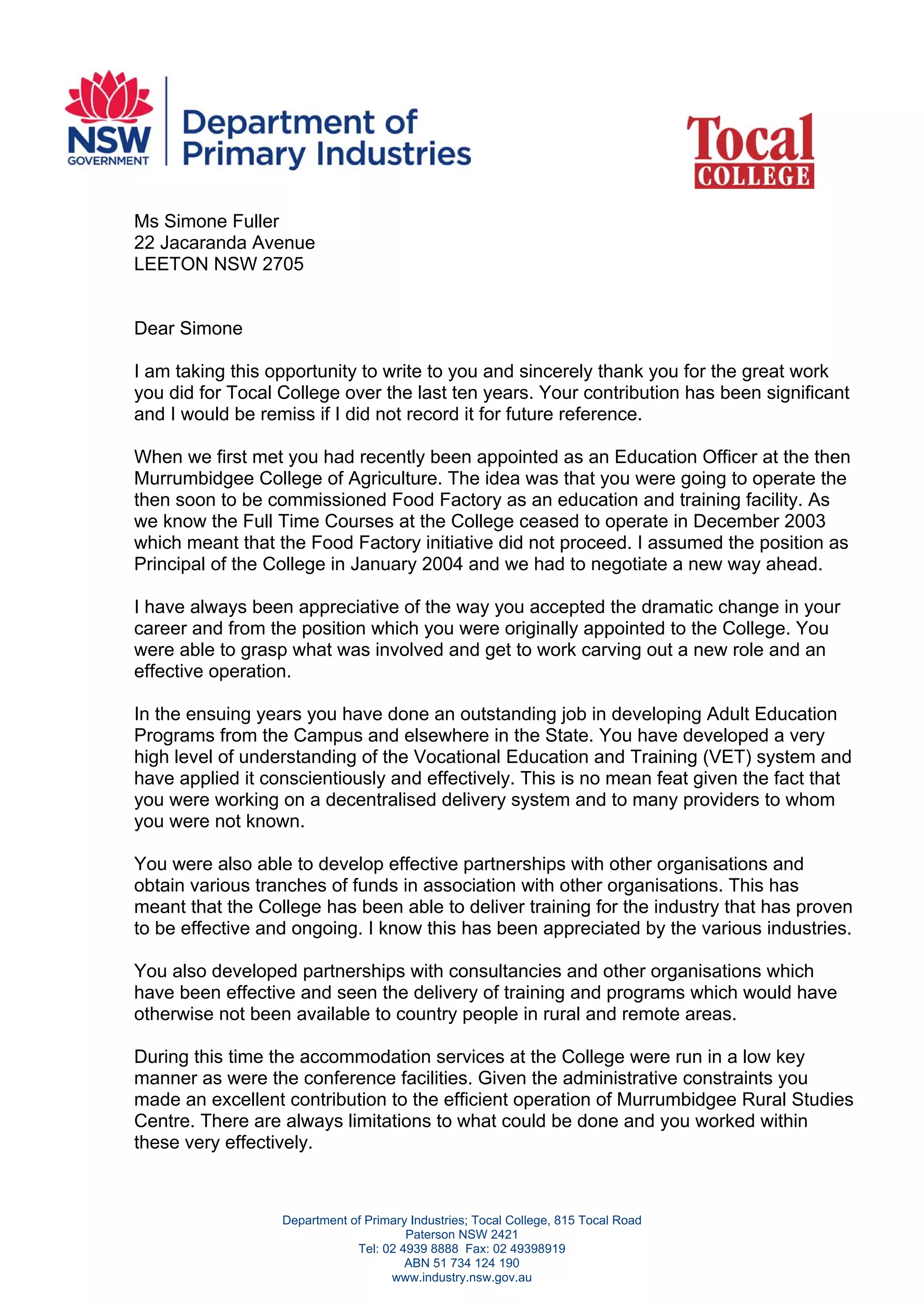 Letter of Thanks Simone Fuller 24 7 2013 | PDF