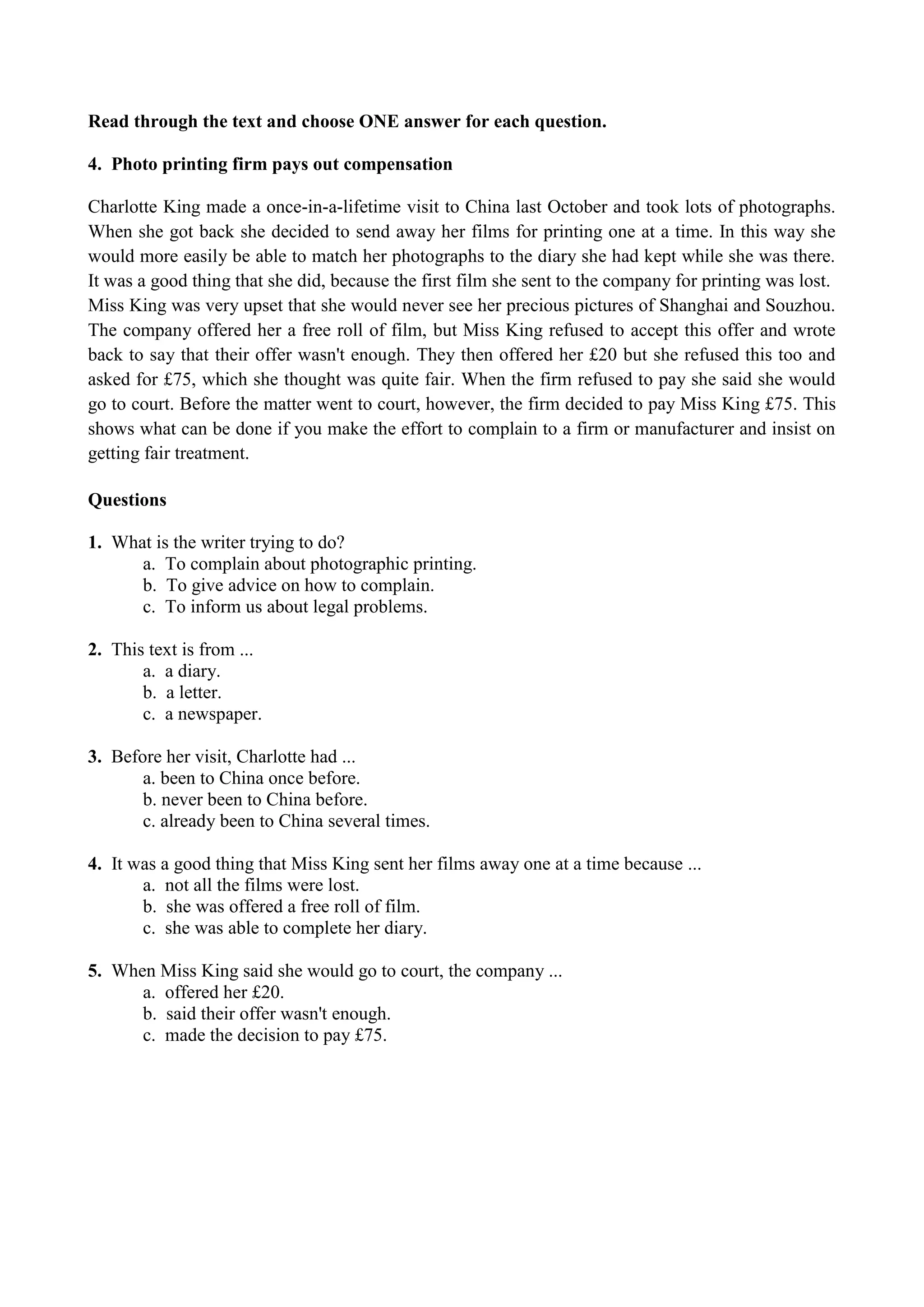 B1 reading comprehension | PDF