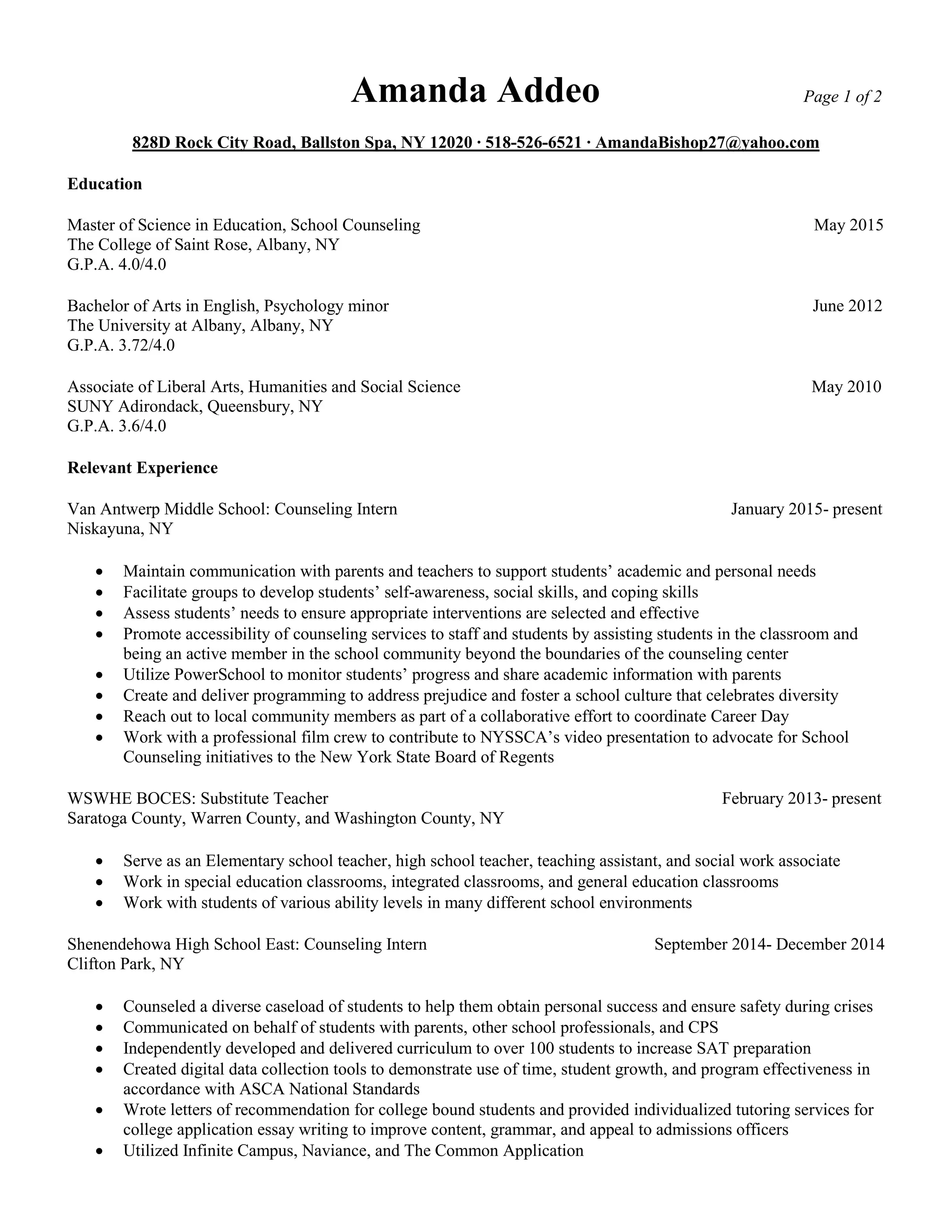 School Counseling Resume Spring 2015 | DOCX