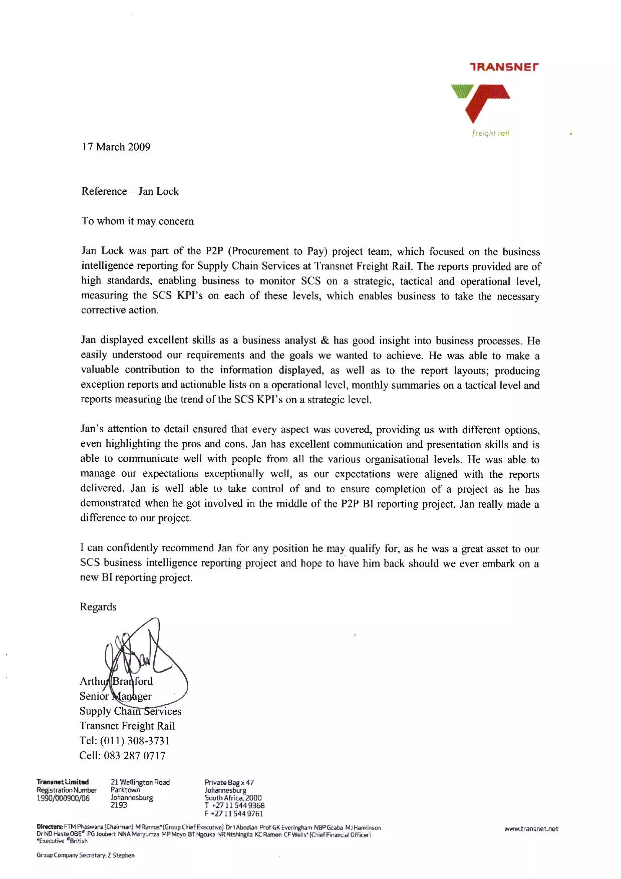 Reference Letter - Transnet 3 - Jan Lock | PDF