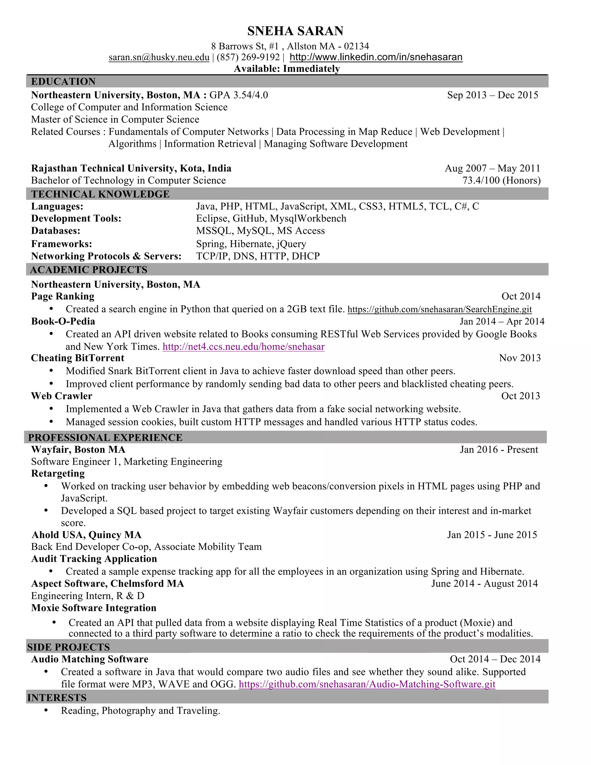 Sneha_Resume_Oct2016 | PDF | Internet | Computing