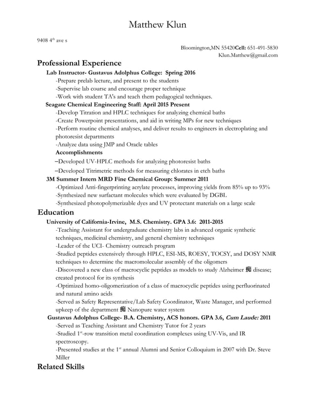 12-01-2016 Matthew Klun-Resume | DOC | Chemistry | Science
