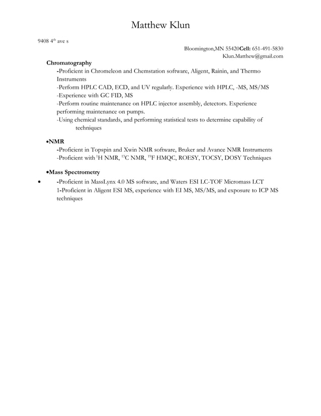 12-01-2016 Matthew Klun-Resume | DOC | Chemistry | Science