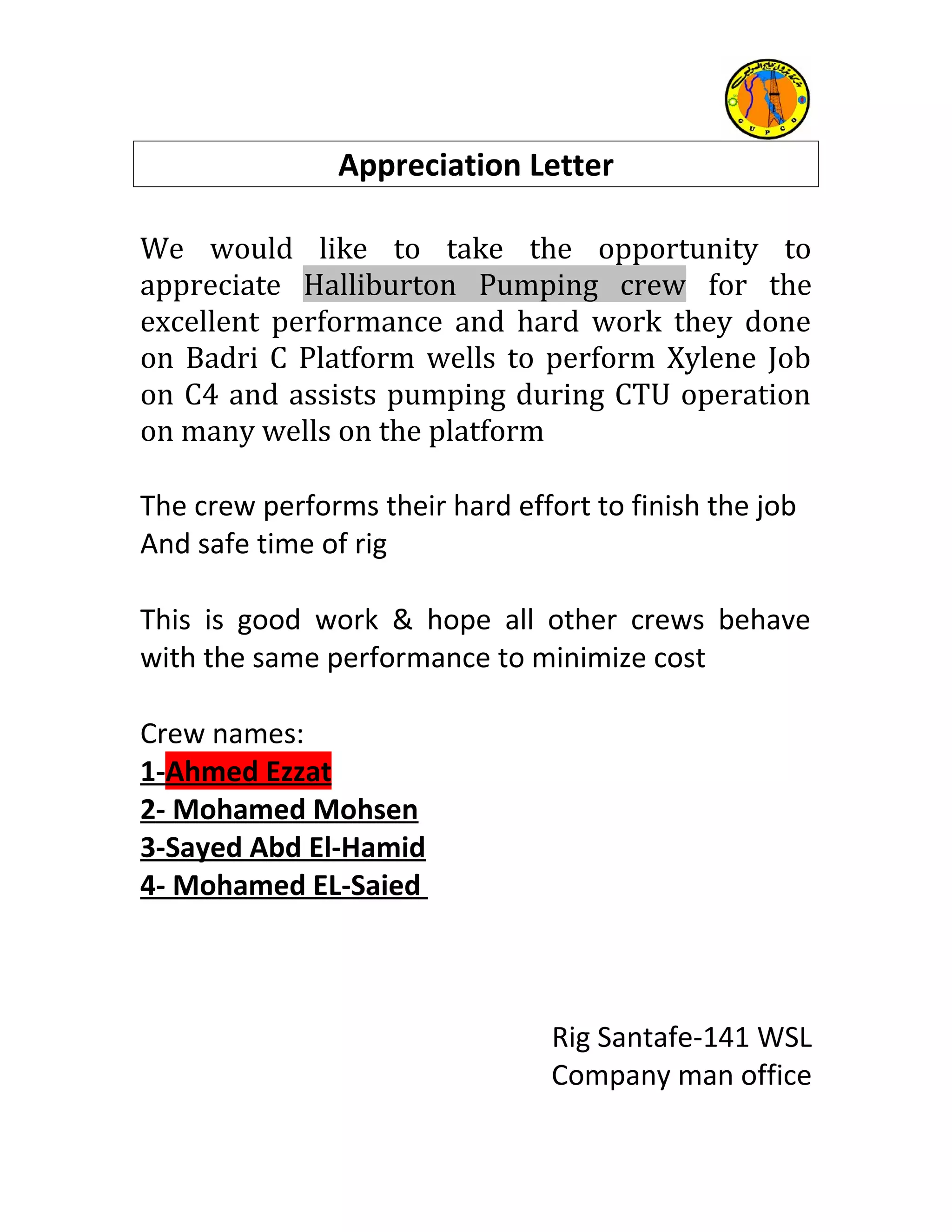 APPRECIATION LETTER-March -2012 (Hall Pumping Crew) | DOC