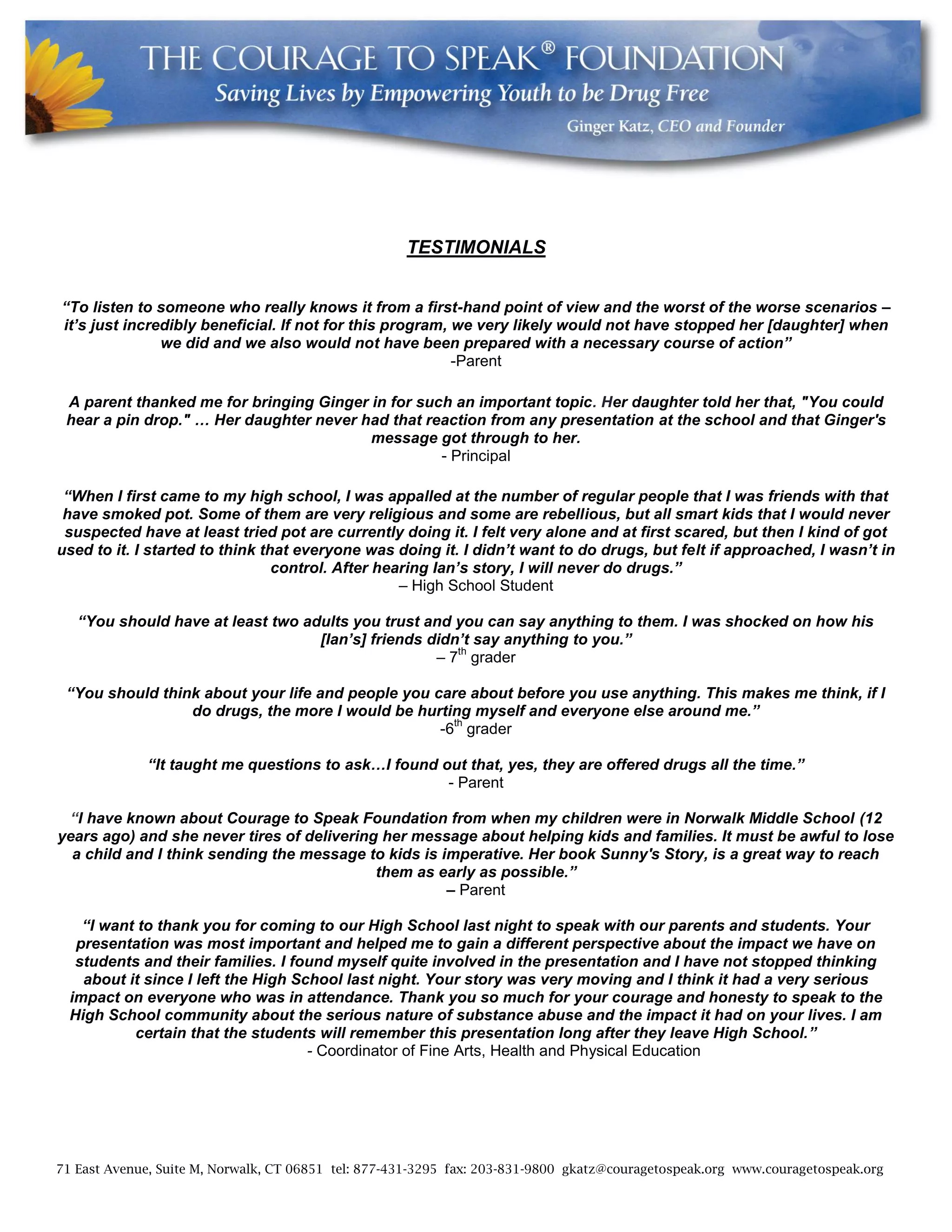 TheCouragetoSpeakFoundationTestimonials | PDF | Illegal Drugs, Tobacco ...