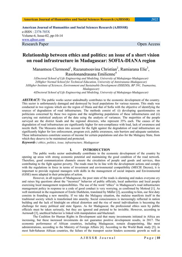 Relationship between ethics and politics: an issue of a short vision on road infrastructure in ...